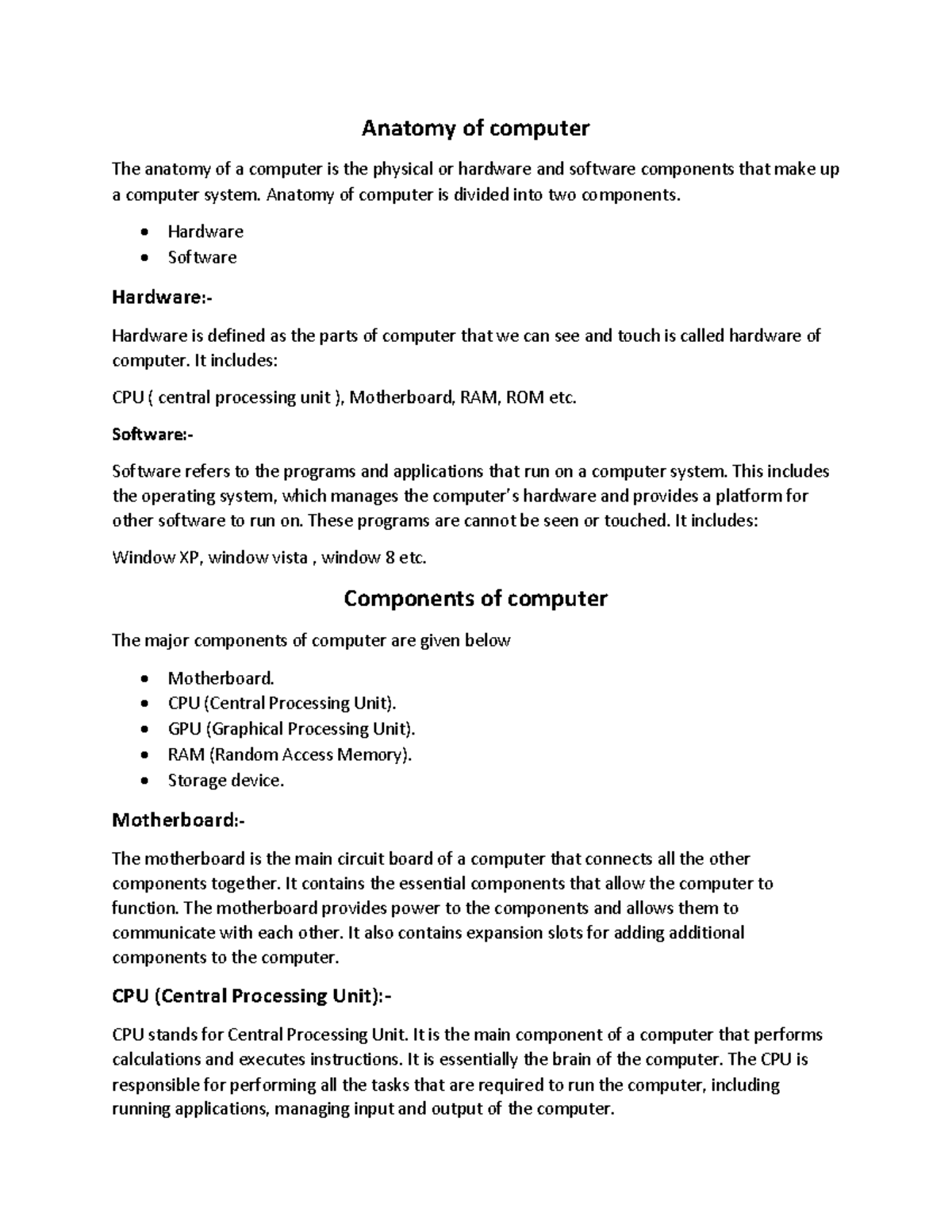 Assignment in pdf - Anatomy of computer The anatomy of a computer is ...