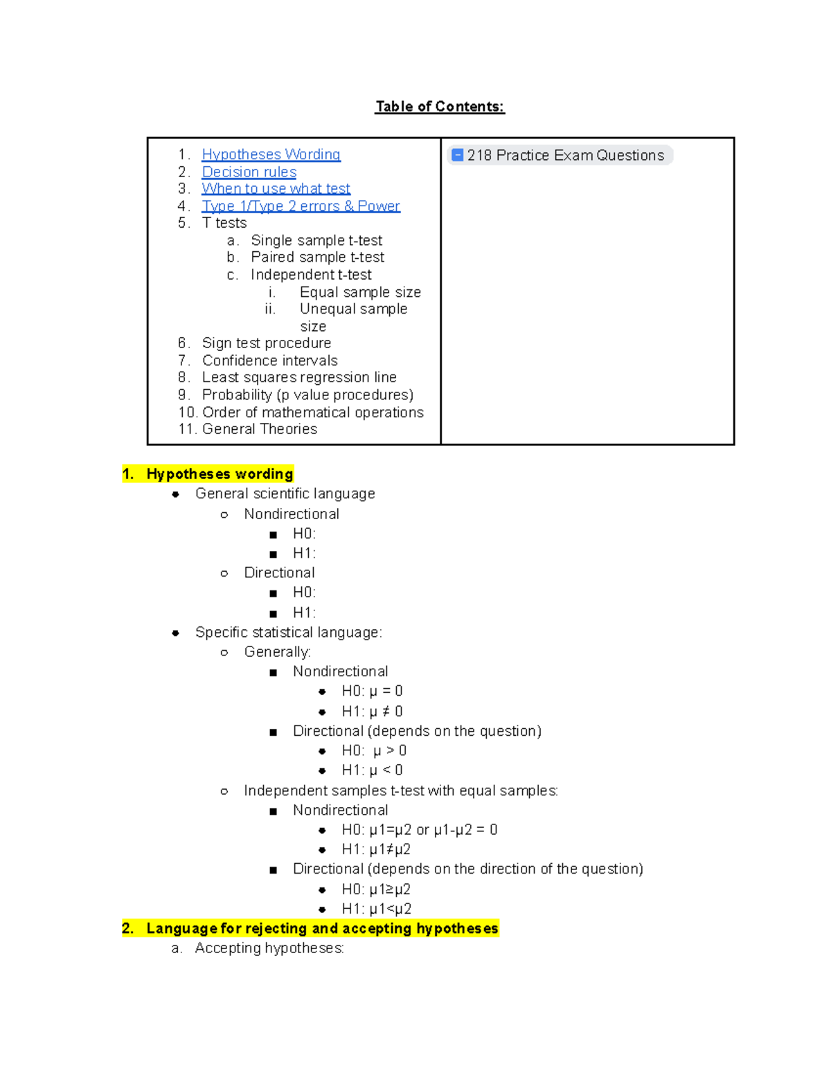 Final EXAM - notes - Table of Contents: Hypotheses Wording Decision ...
