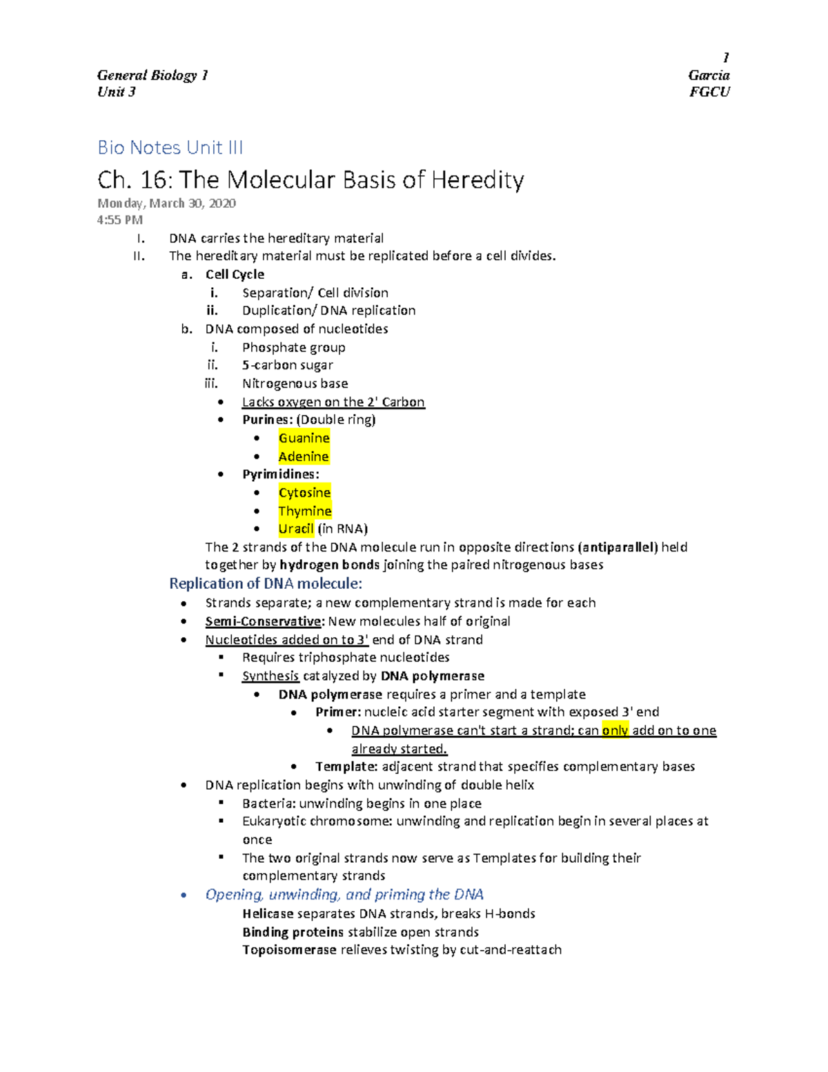 Bio Notes Unit III-1 - General Biology 1 Garcia Unit 3 FGCU Bio Notes ...