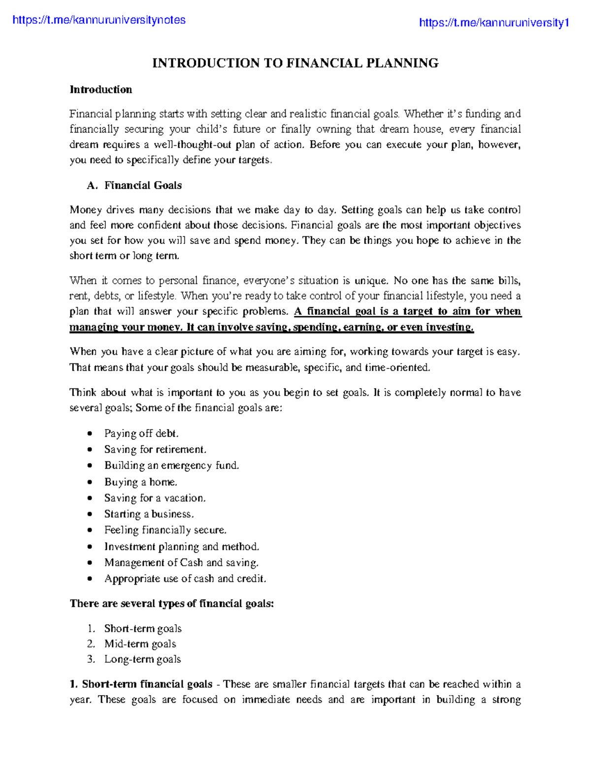 Module I - F inancial Planning - INTRODUCTION TO FINANCIAL PLANNING ...