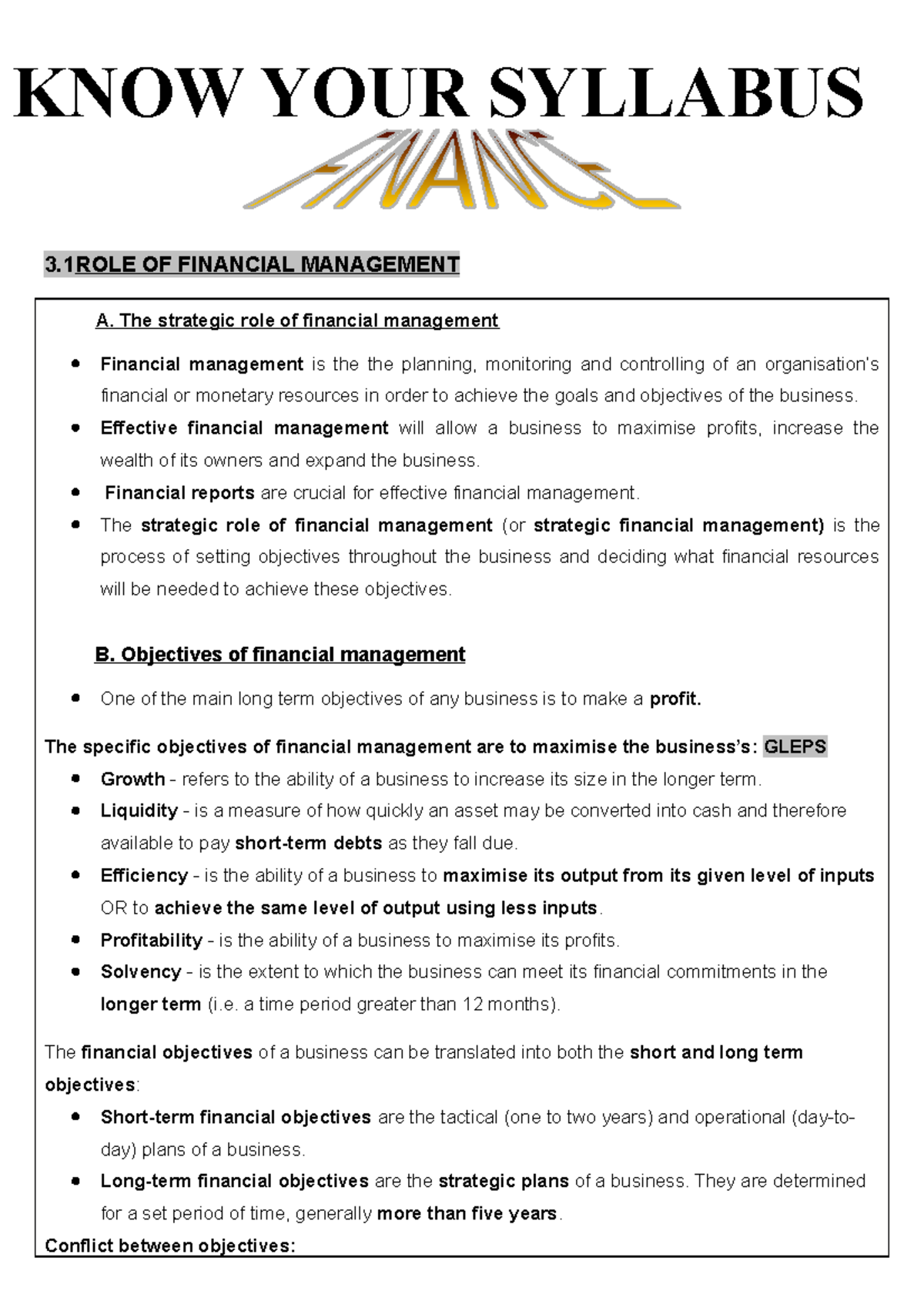 Detailed KNOW YOUR Syllabus - Finance - 3 OF FINANCIAL MANAGEMENT A ...