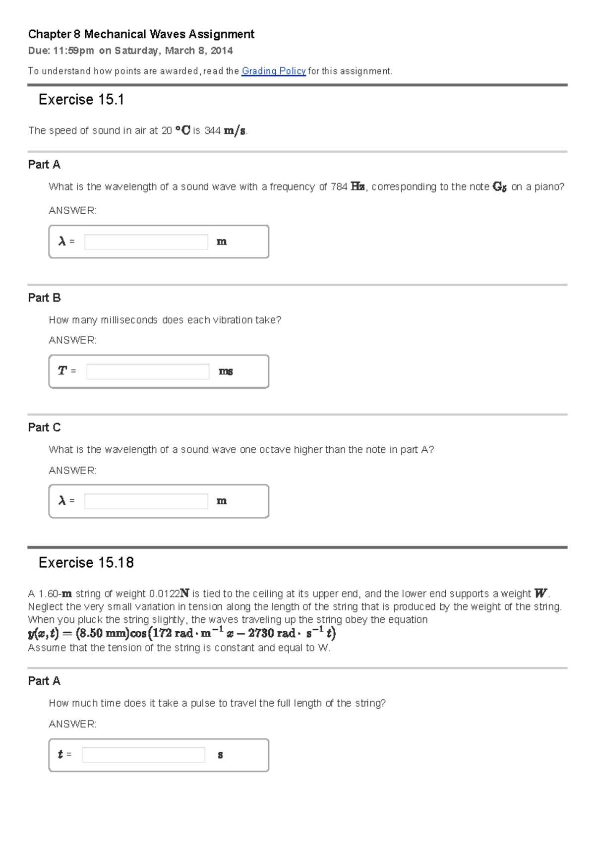 Chapter 8 Mechanical Waves Assignment - Chapter 8 Mechanical Waves ...