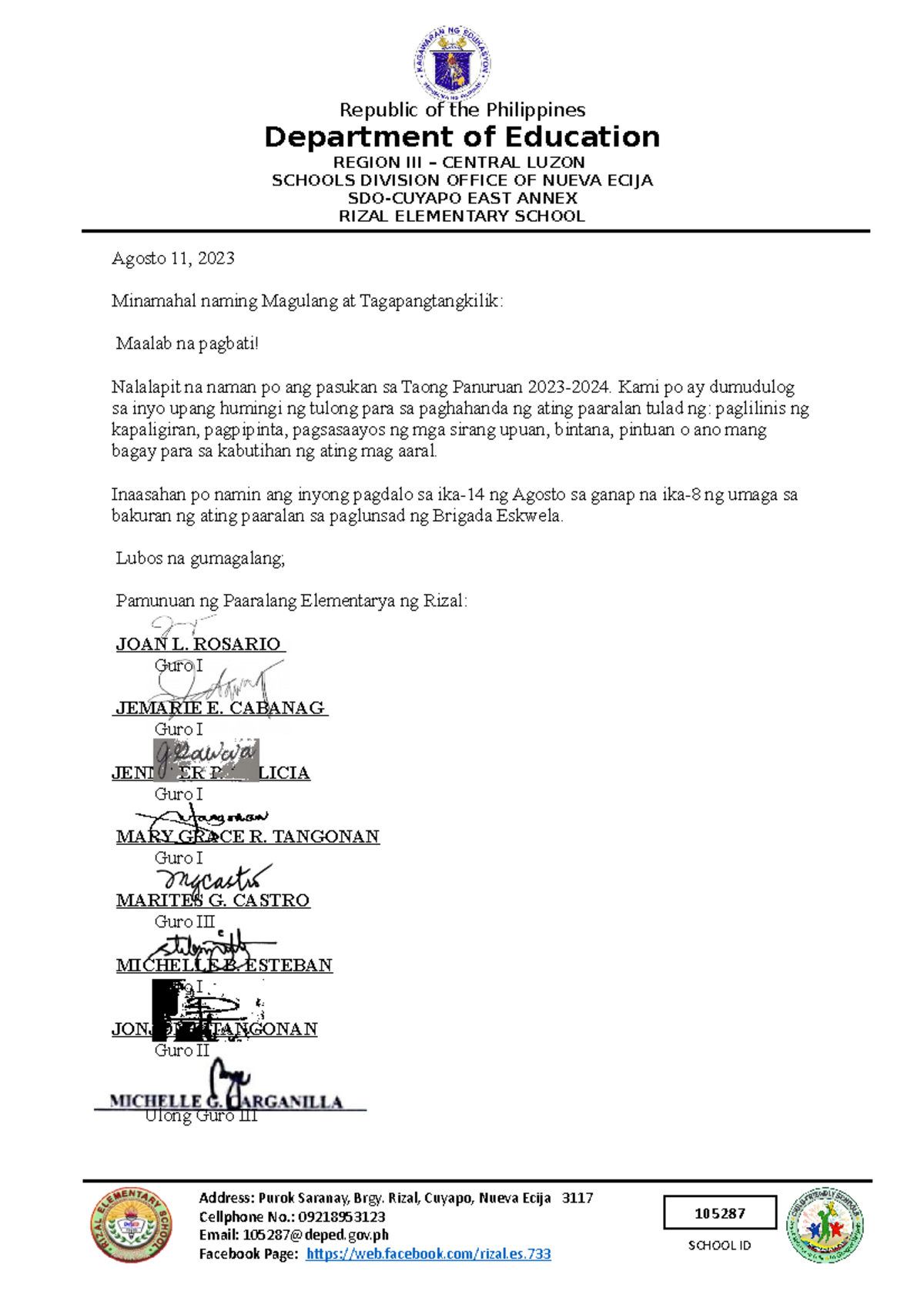 Sulat-Paanyaya- Brigada- Eskwela - 105287 SCHOOL ID Republic of the ...