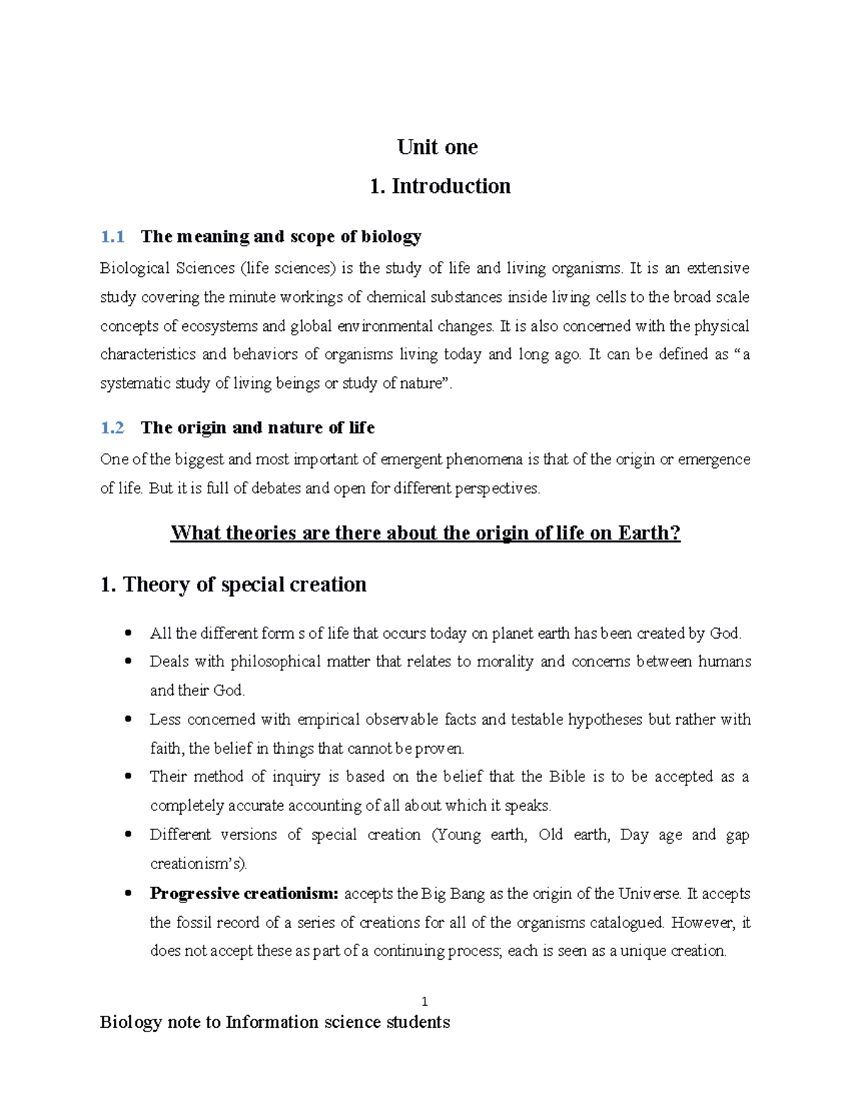 Dep module bio - Unit one 1. Introduction 1 The meaning and scope of ...