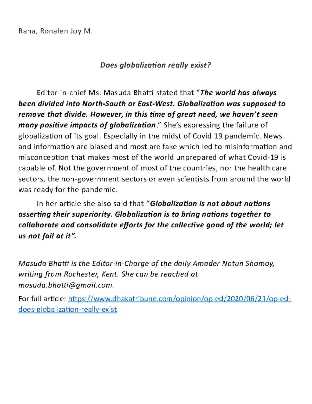 Opinion Editorial Globalization for Contemporary World - Rana, Ronalen ...