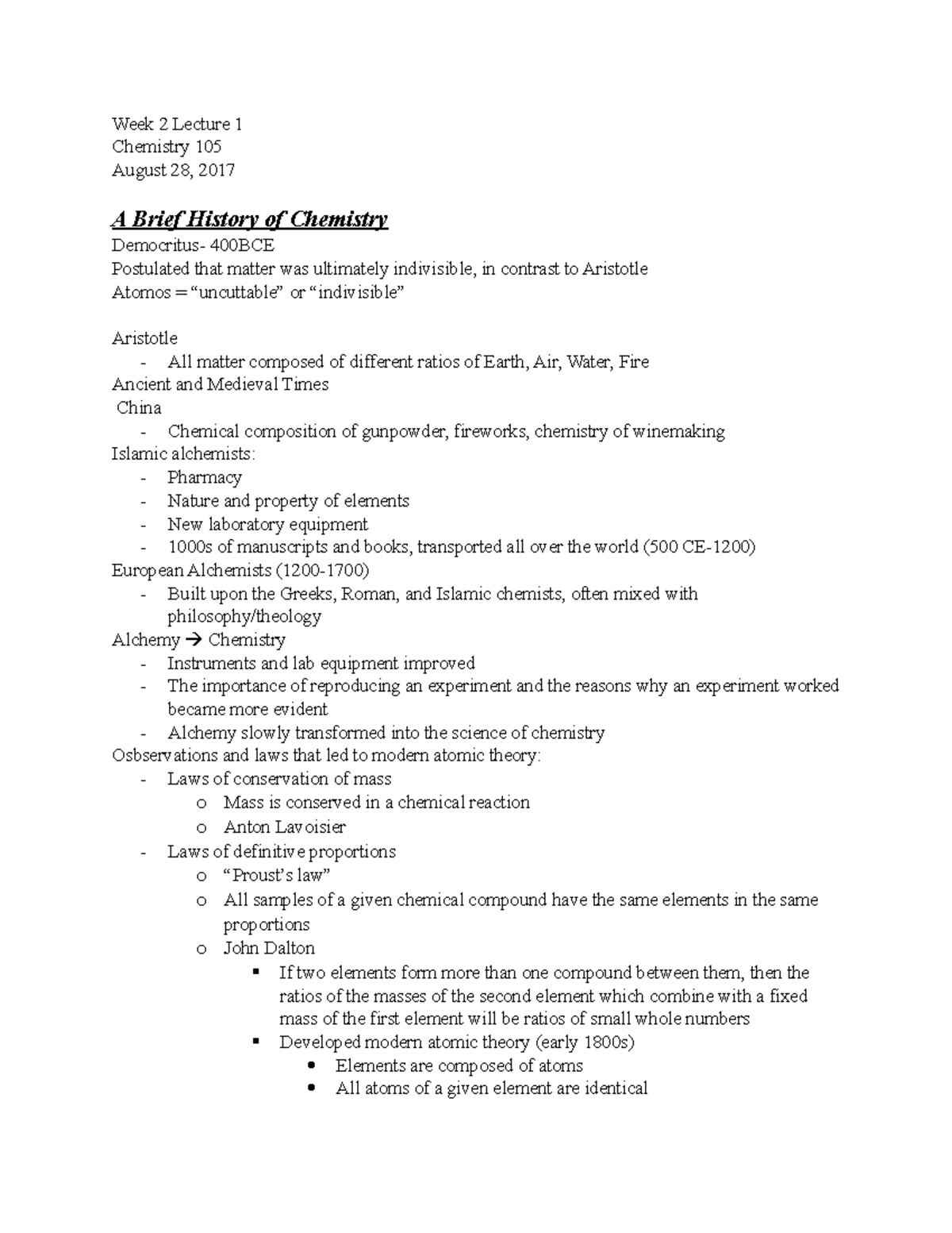 Week 2 Lecture 1 - Week 2 Lecture 1 Chemistry 105 August 28, 2017 A ...