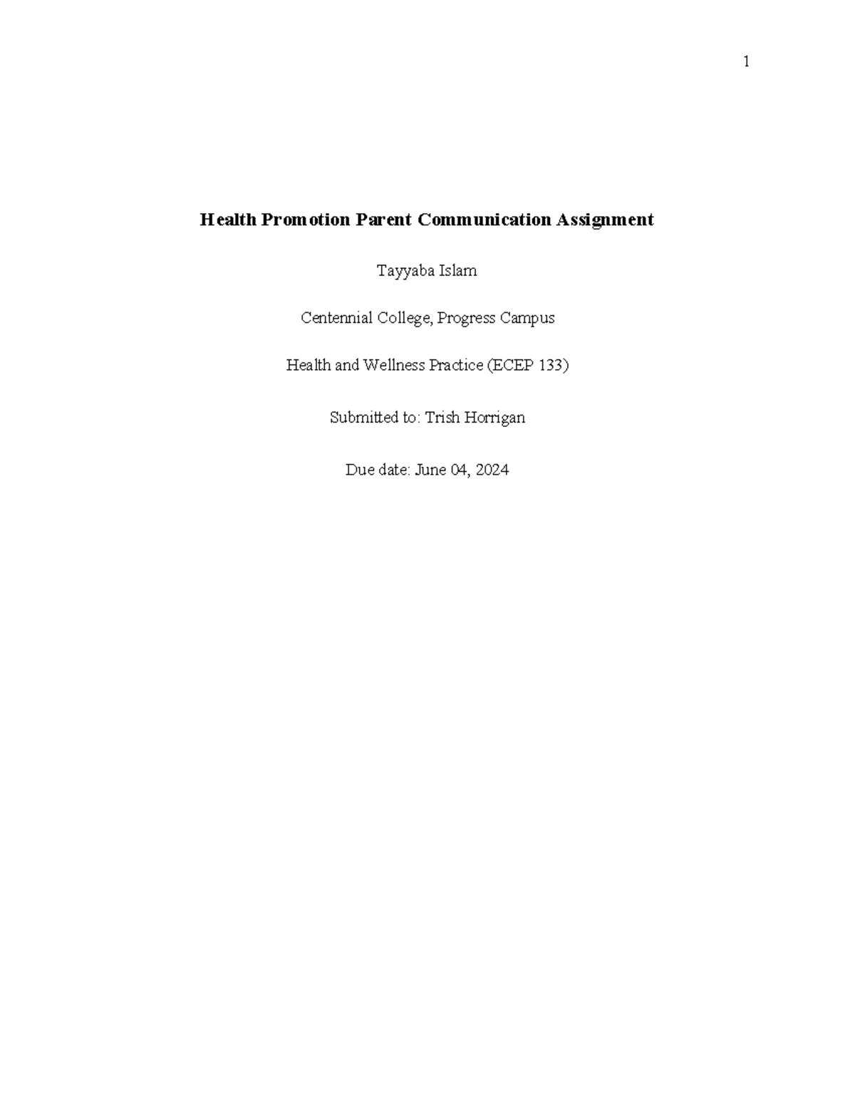 APA Formatted Paper Handout-APA 7e - 1 Health Promotion Parent ...
