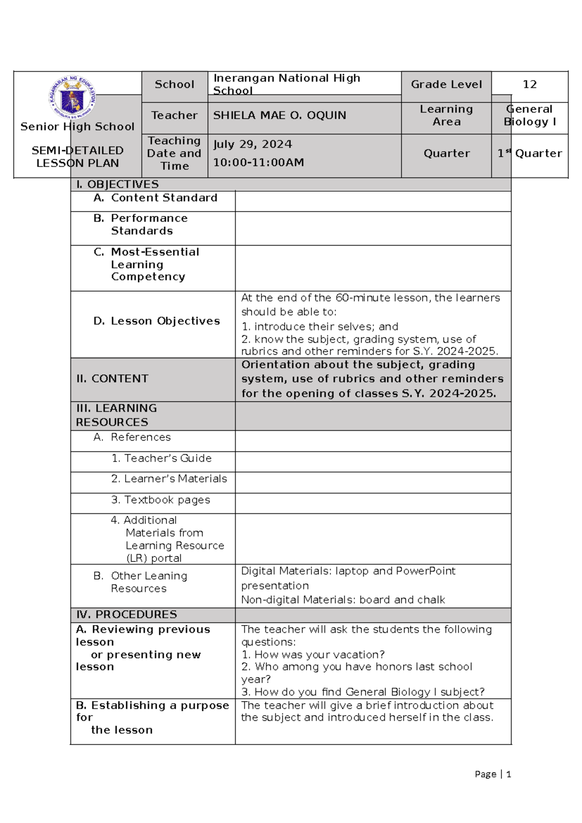 JULY 29, 2024 - SEMI DLP - I. OBJECTIVES A. Content Standard B ...