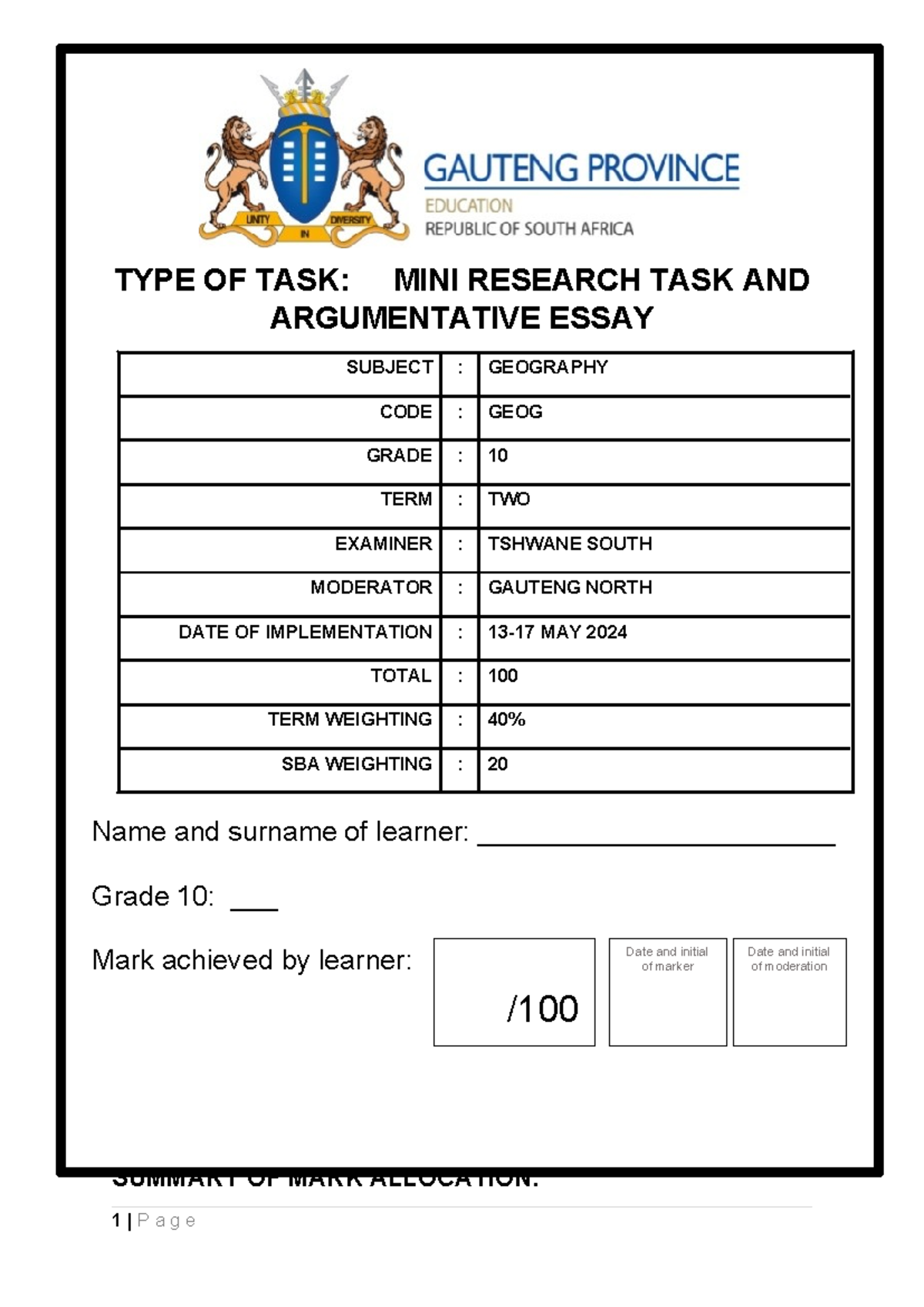 GR 10 Essay PBL Learner guide - TYPE OF TASK: MINI RESEARCH TASK AND ...