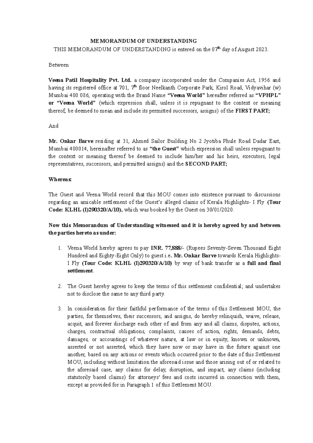 Revised Onkar Barve MOU - MEMORANDUM OF UNDERSTANDING THIS MEMORANDUM ...