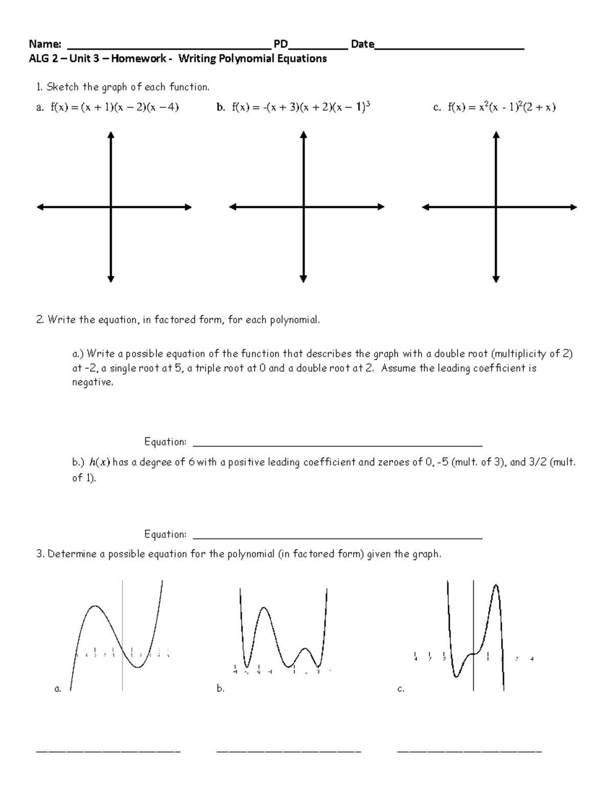 ALG 2 - Unit 2 - Homework - Writing Polynomial Equations -1 - Name ...
