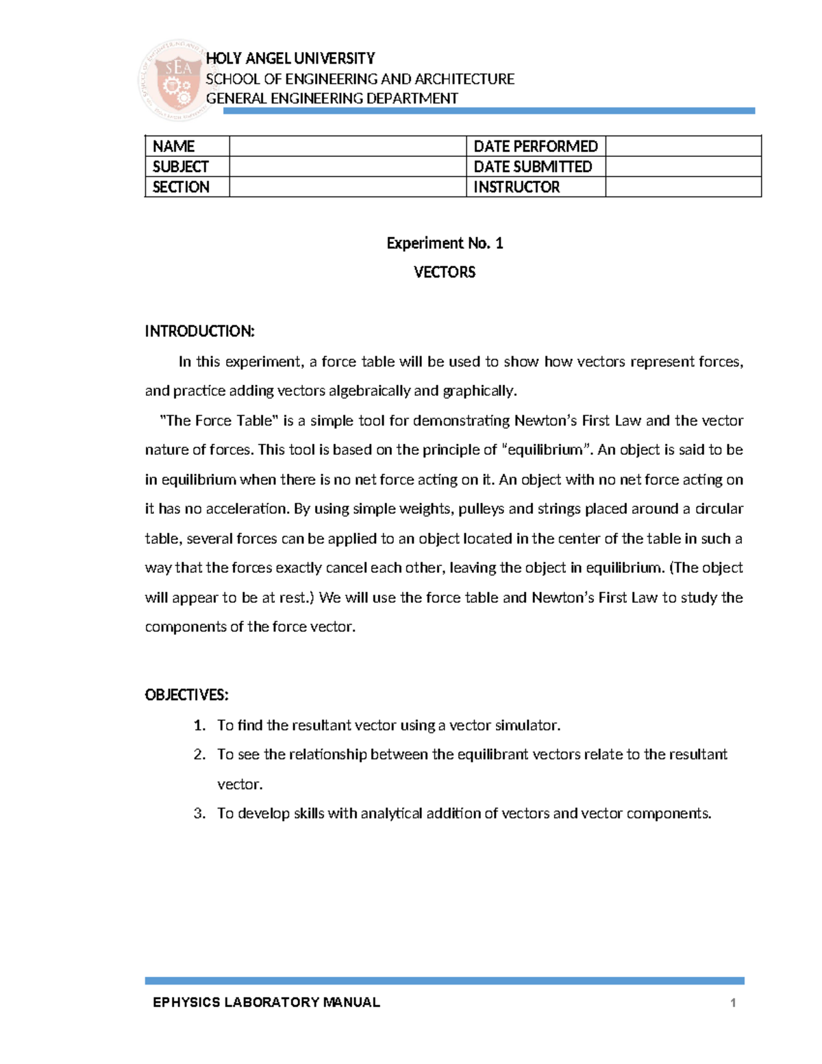 Ephysicsl Experiment 1 Vectors - SCHOOL OF ENGINEERING AND ARCHITECTURE ...