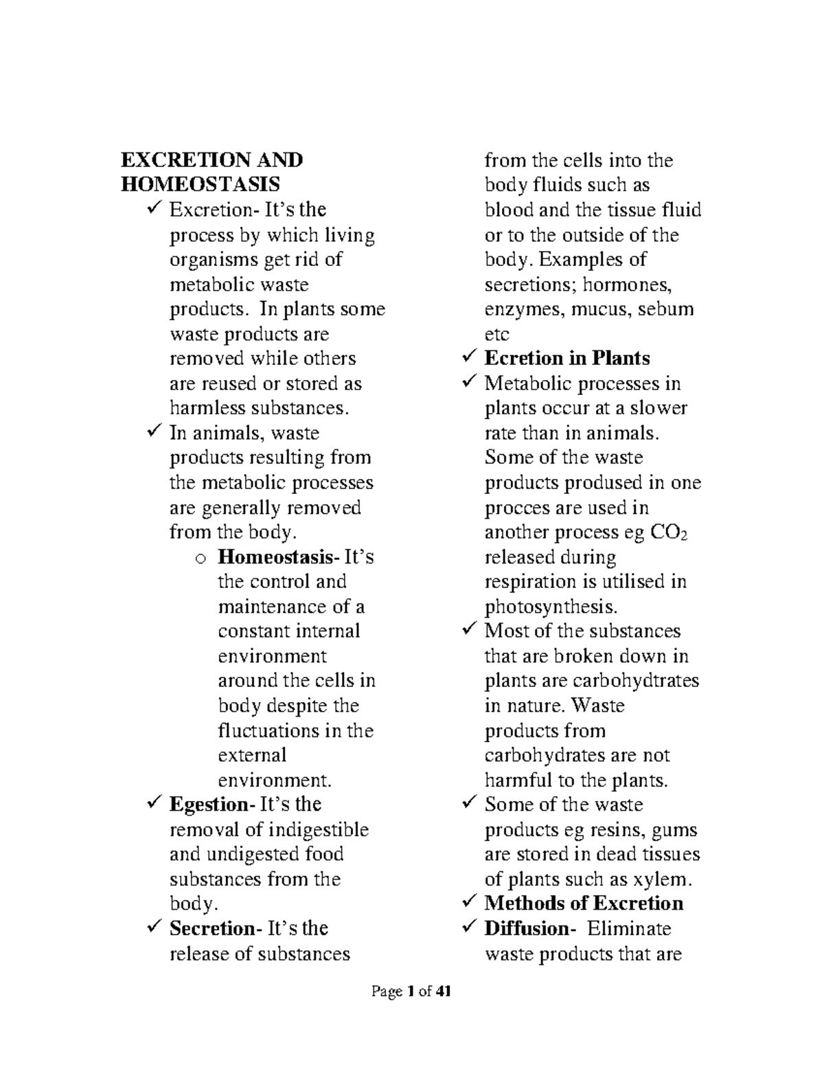 Biology Notes-converted - EXCRETION AND HOMEOSTASIS Excretion- It’s the ...