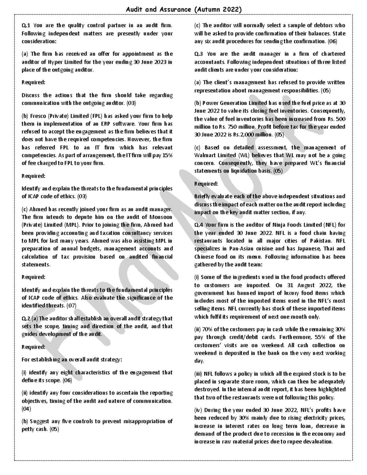 3. Autumn 2022 - Practice material for exams - Audit and Assurance ...