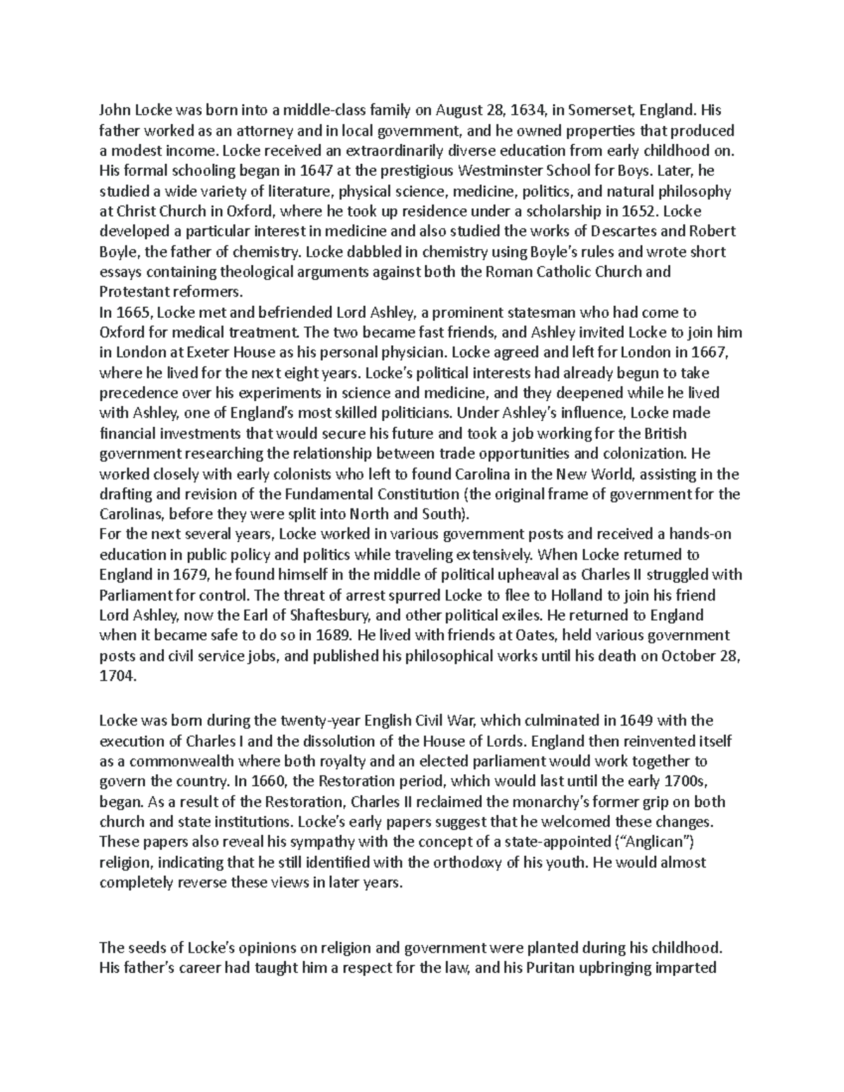 Philsophy 383 - Lecture Notes - John Locke was born into a middle-class ...