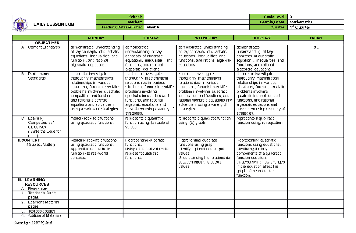 Math9 Wk6 - For your guide. - DAILY LESSON LOG School: Grade Level: 9 ...