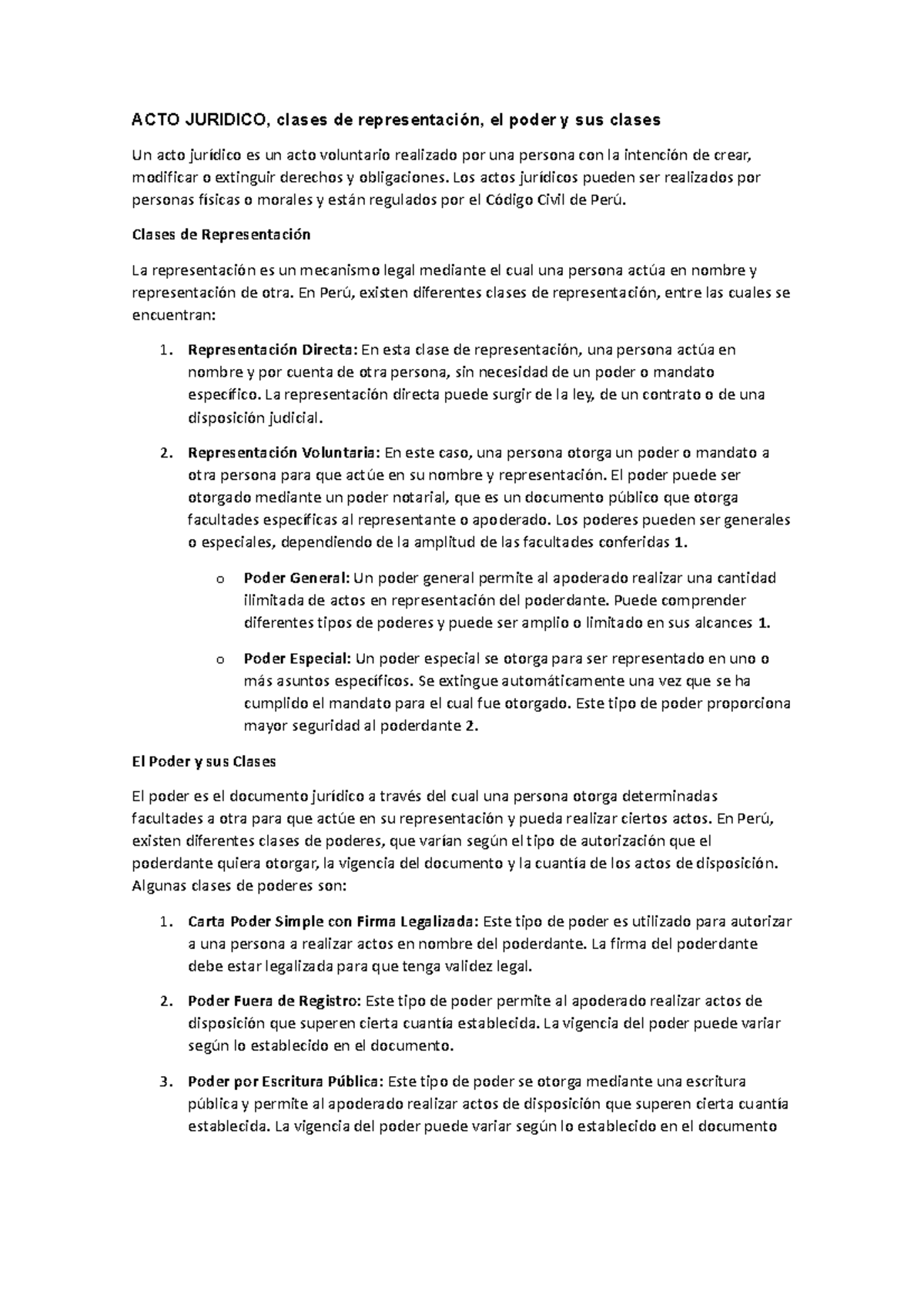 Poder y sus Clases - ACTO JURIDICO, clases de representación, el poder y sus clases Un acto ...