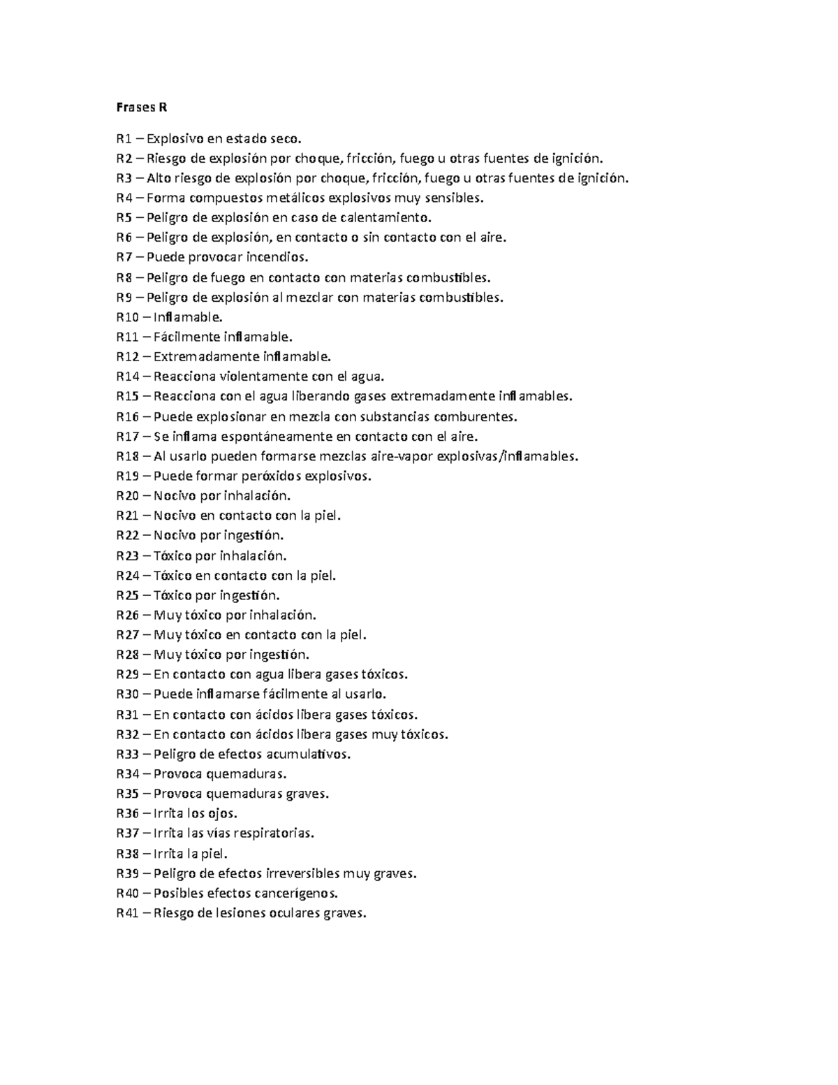 Frases R - Frases R R1 – Explosivo en estado seco. R2 – Riesgo de ...