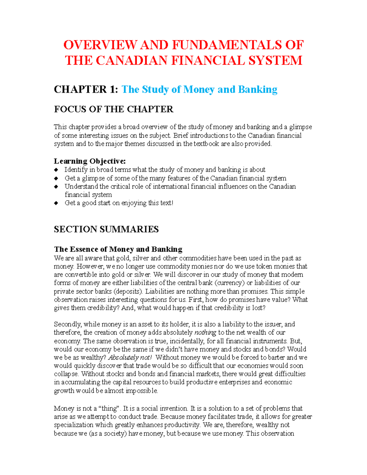Ch01 The Study of Money and Banking - OVERVIEW AND FUNDAMENTALS OF THE ...