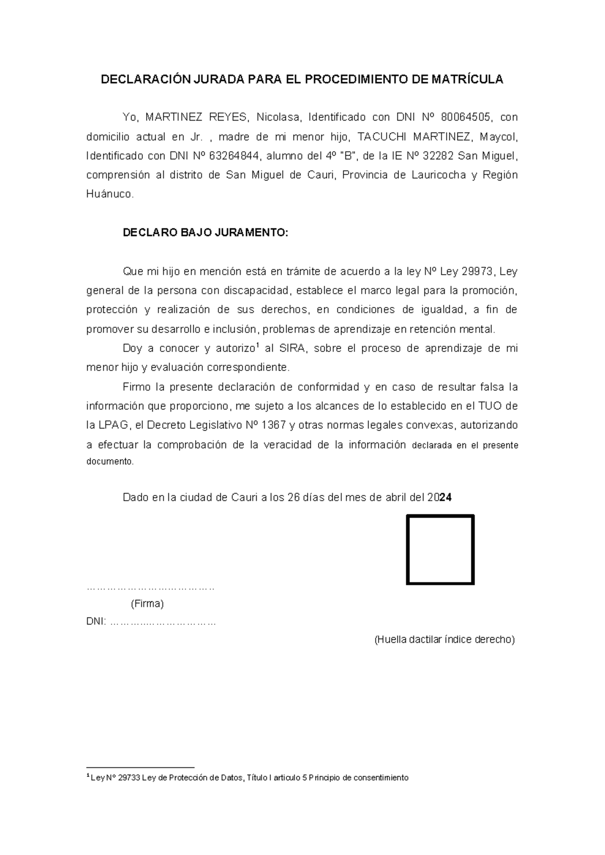 Declaración Jurada tacuchi martinez maycol - DECLARACIÓN JURADA PARA EL ...