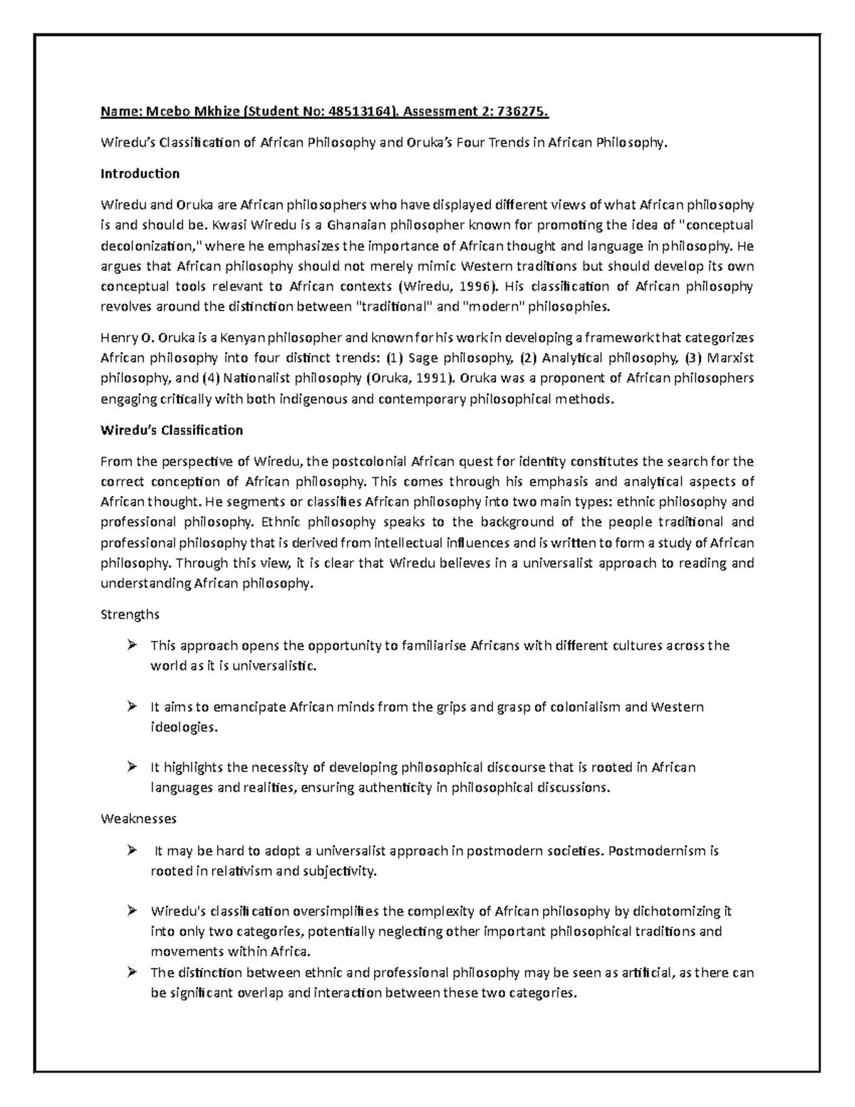 Assignment 2 - African Philosophy - Name: Mcebo Mkhize (Student No ...