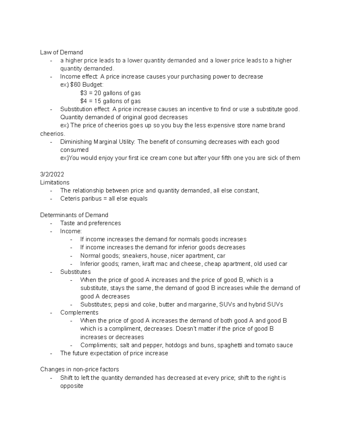 Lecture Notes - Google Docs - Law of Demand - a higher price leads to a ...