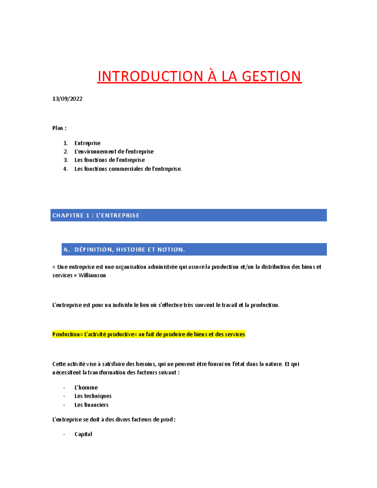 Introduction à la Gestion 25:10:2022 - INTRODUCTION À LA GESTION 13/09/ Plan : Entreprise - Studocu
