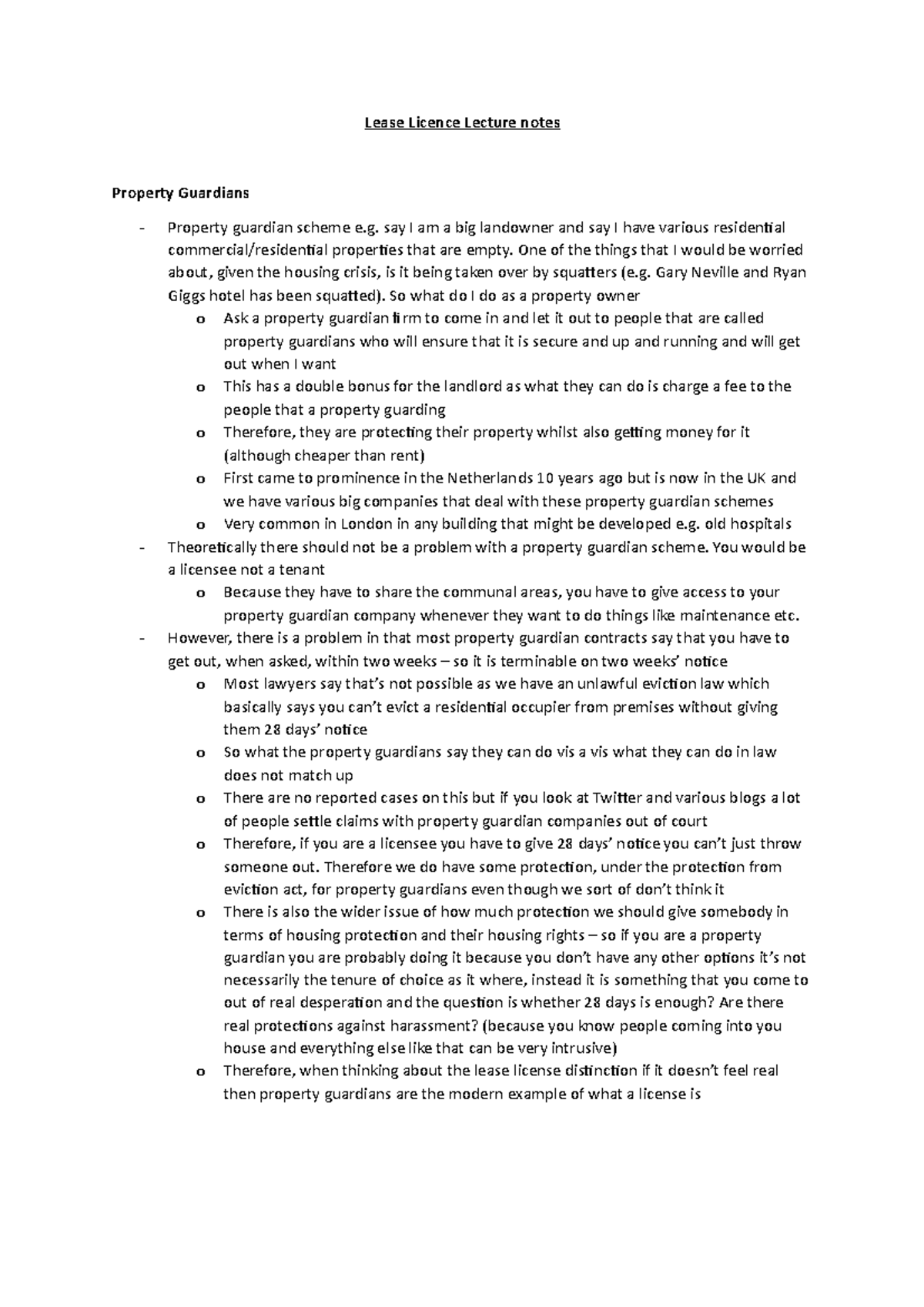 Lecture notes - Lease licence - Lease Licence Lecture notes Property ...