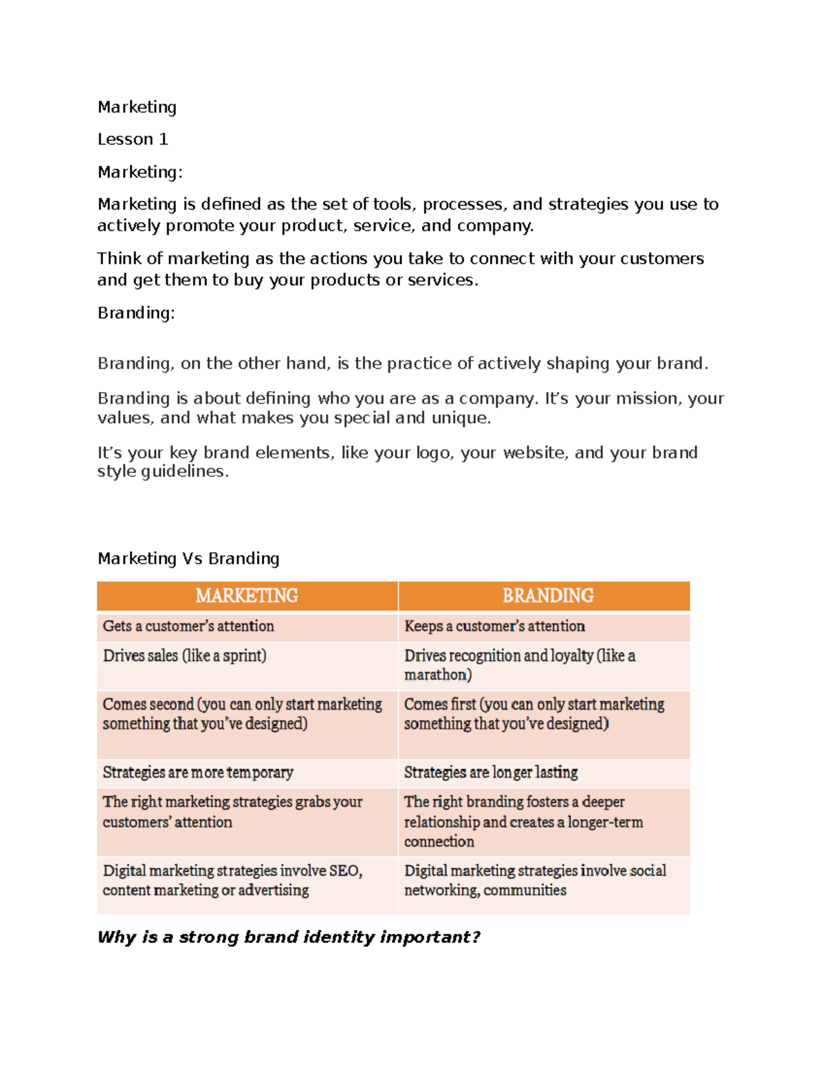 Marketing notes lesson 1-9 - Marketing Lesson 1 Marketing: Marketing is ...