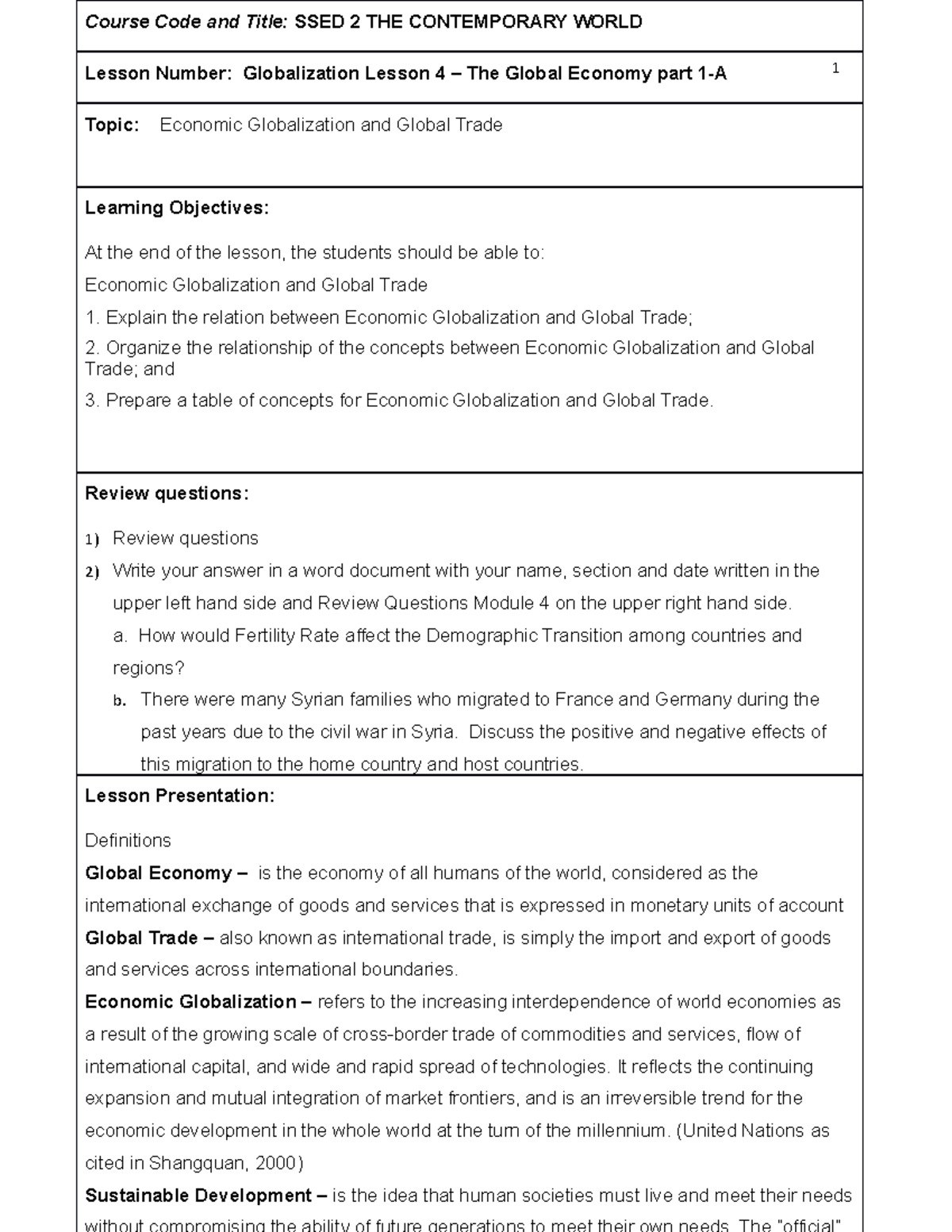 CW Module a4 Economic Globalization and Global Trade SVV - 1 Course ...