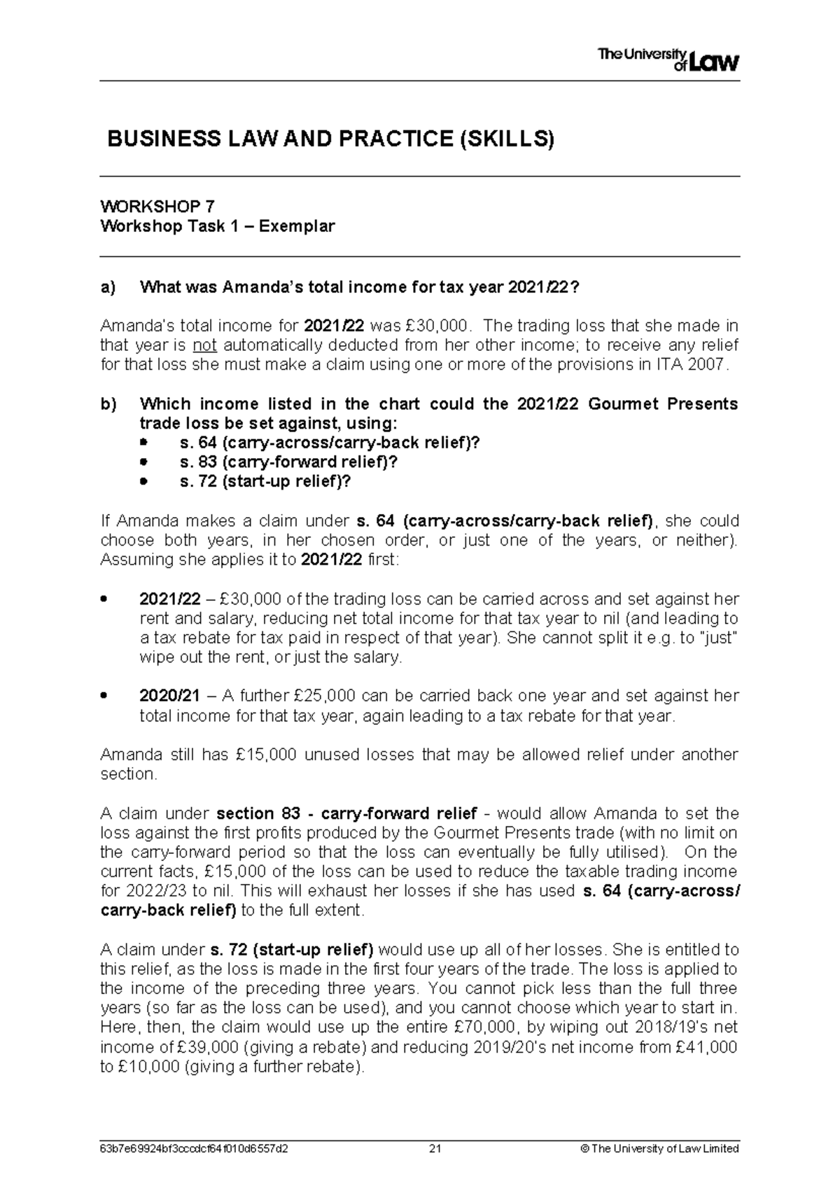 Task 1 Example - BUSINESS LAW AND PRACTICE (SKILLS) WORKSHOP 7 Workshop ...