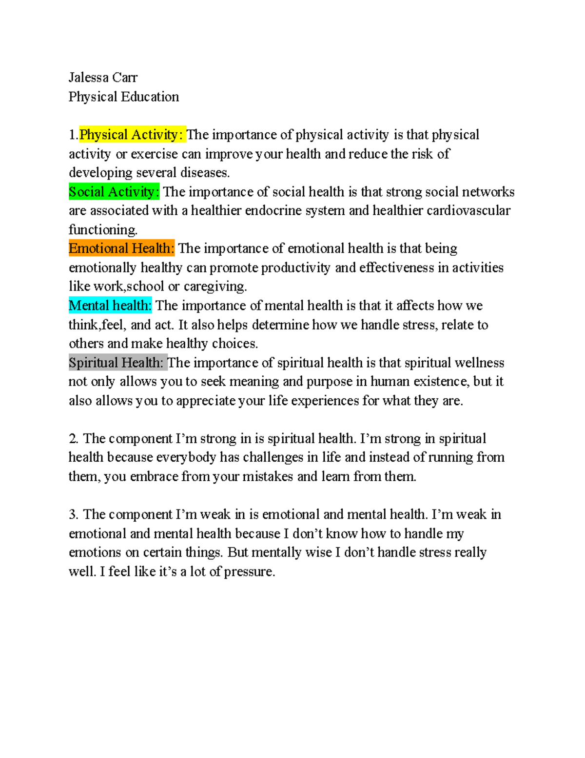 - PE Assignment 1 - Prof g - Jalessa Carr Physical Education 1 Activity ...