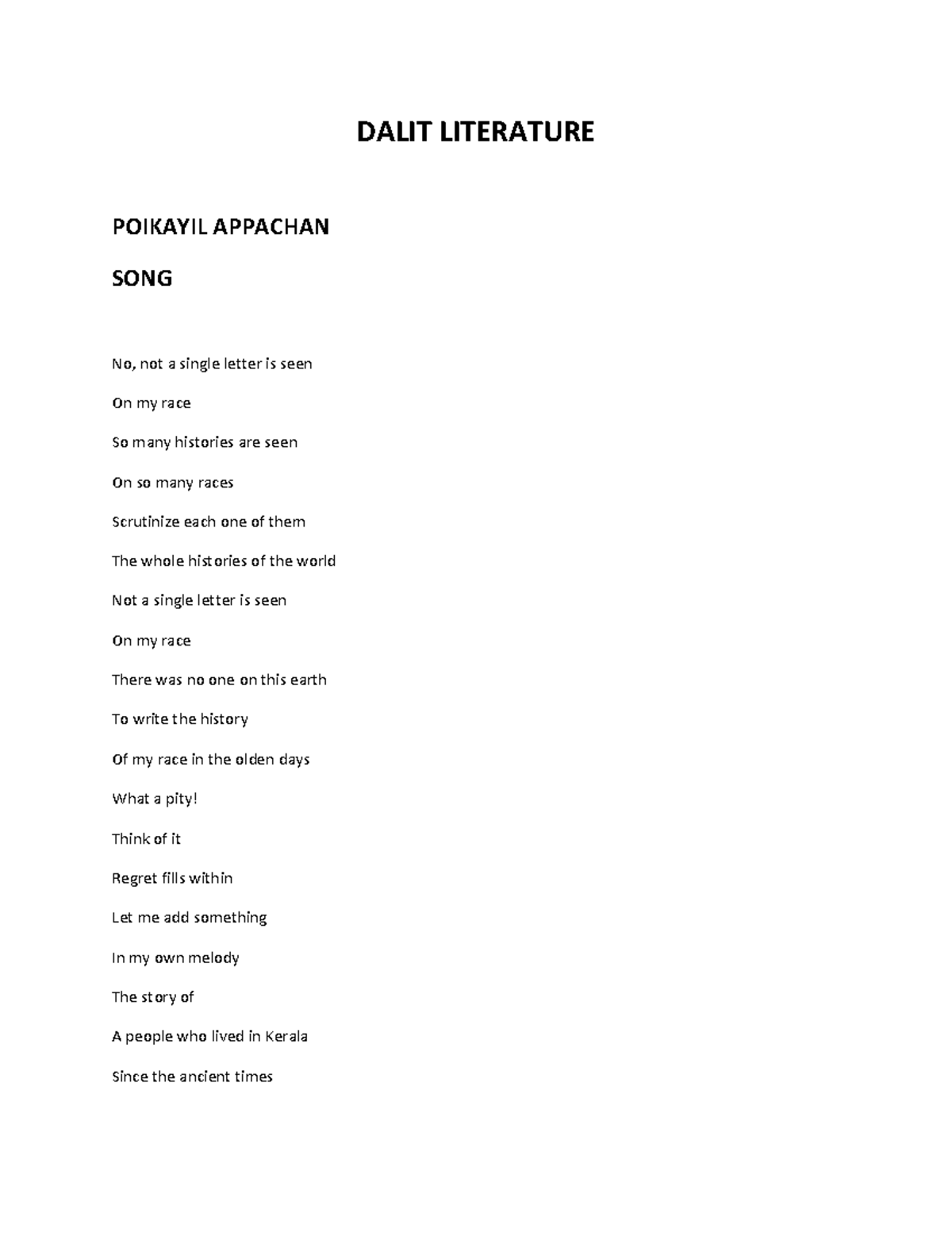 Dalit literature poems - DALIT LITERATURE POIKAYIL APPACHAN SONG No ...