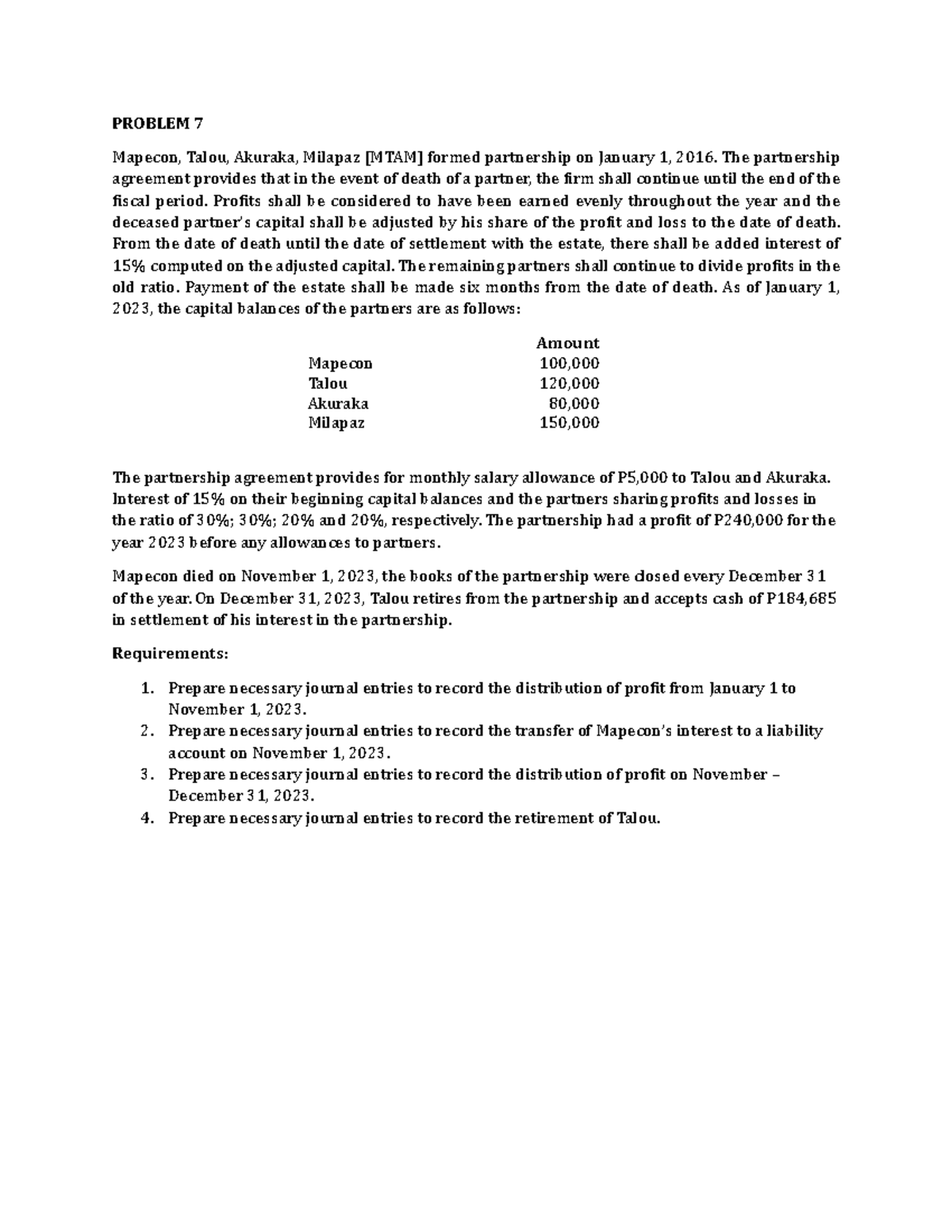 AFAR Compre Dissolution - PROBLEM 7 Mapecon, Talou, Akuraka, Milapaz ...
