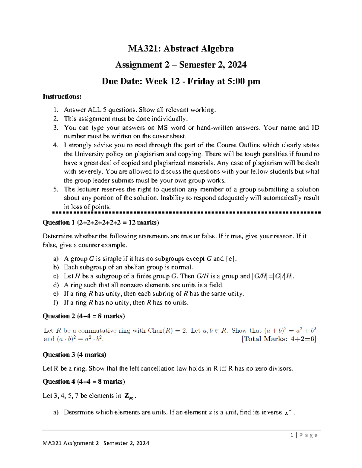 Updated MA321 Assignment 2 S2 2024 - 1 | P a g e MA321 Assignment 2 Semester 2, 2024 MA321 ...
