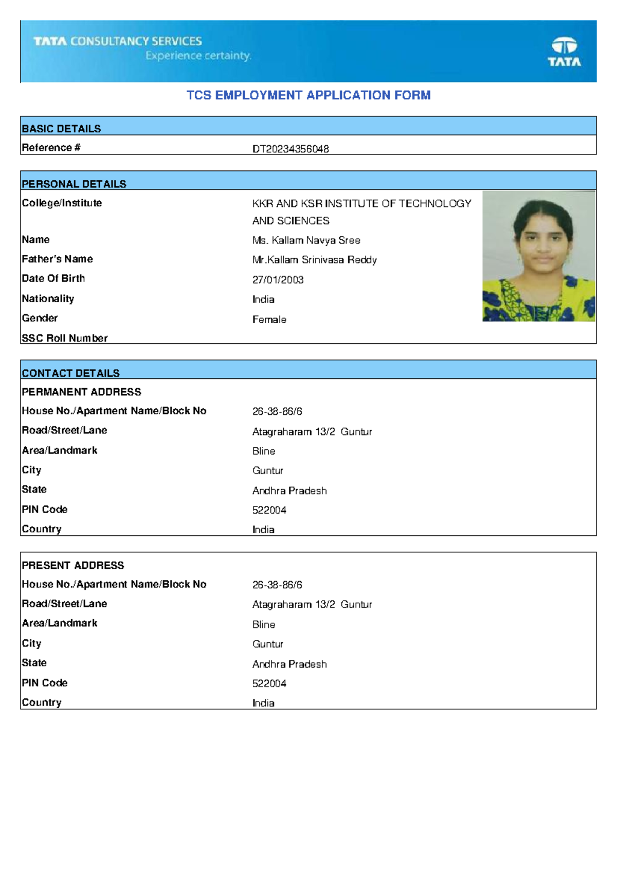 Tcs - TCS EMPLOYMENT APPLICATION FORM BASIC DETAILS Reference # DT ...