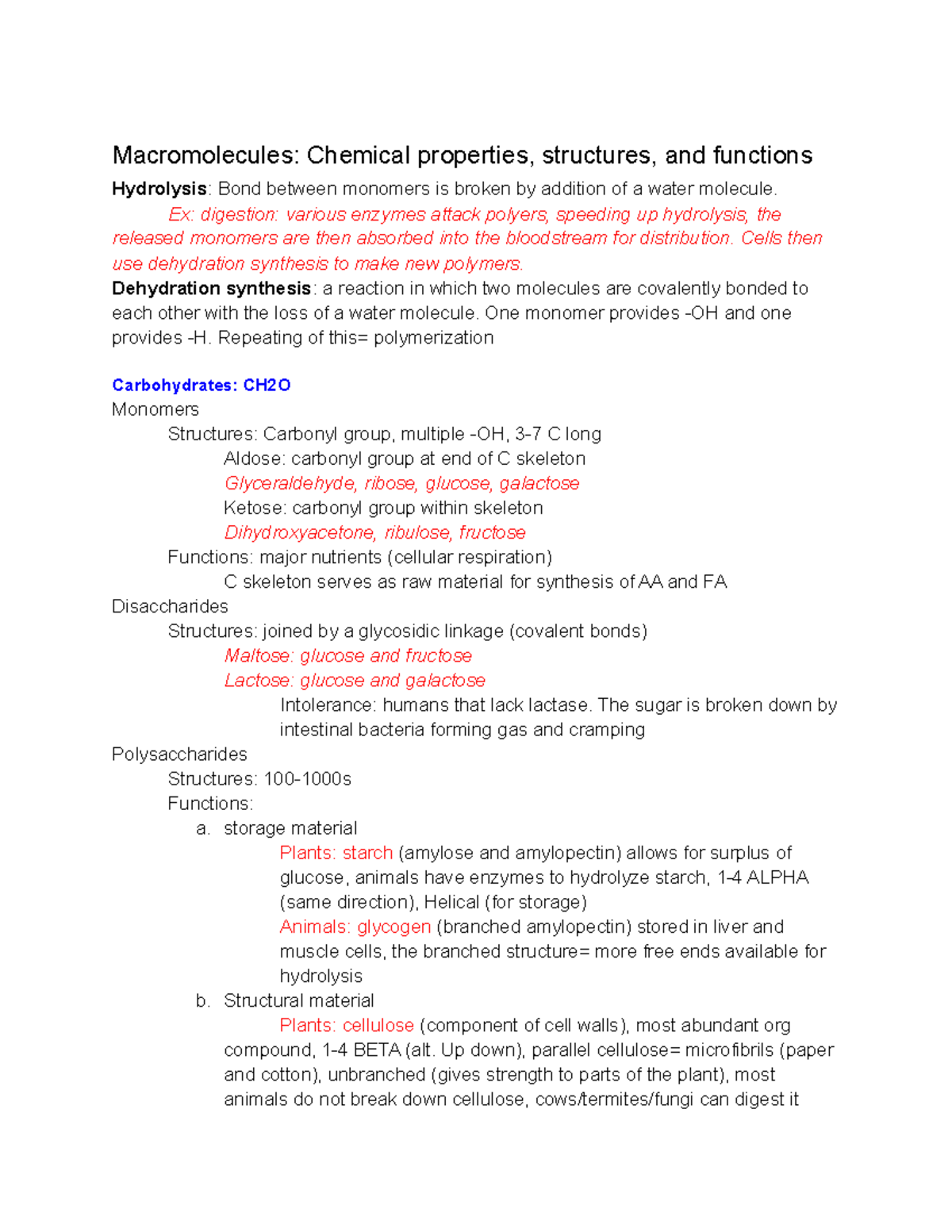 Bio Test 1 - Notes from before exam 1 - Macromolecules: Chemical ...
