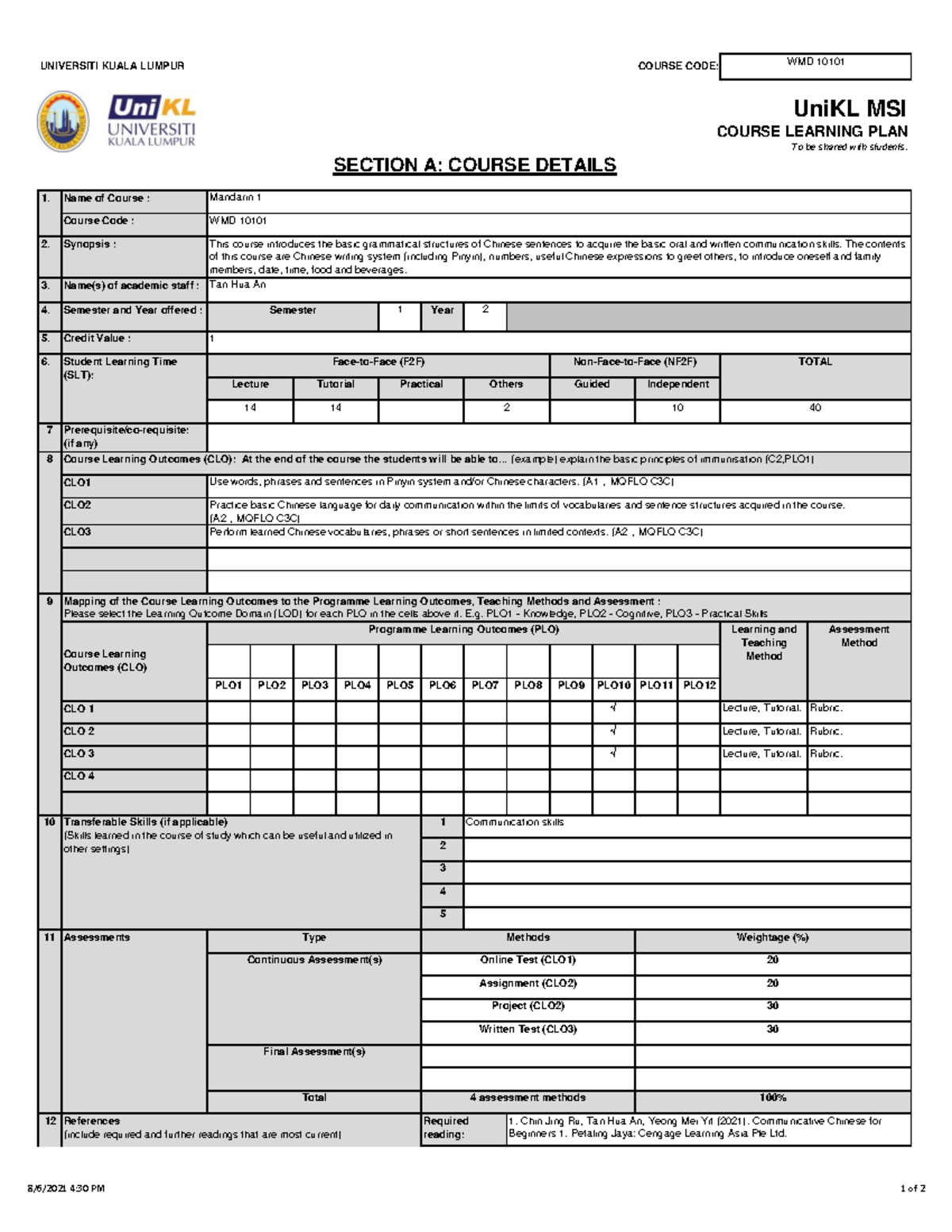 CLP Course Learning Plan Mandarin 1-July2021-14weeks-BEME - Name of ...