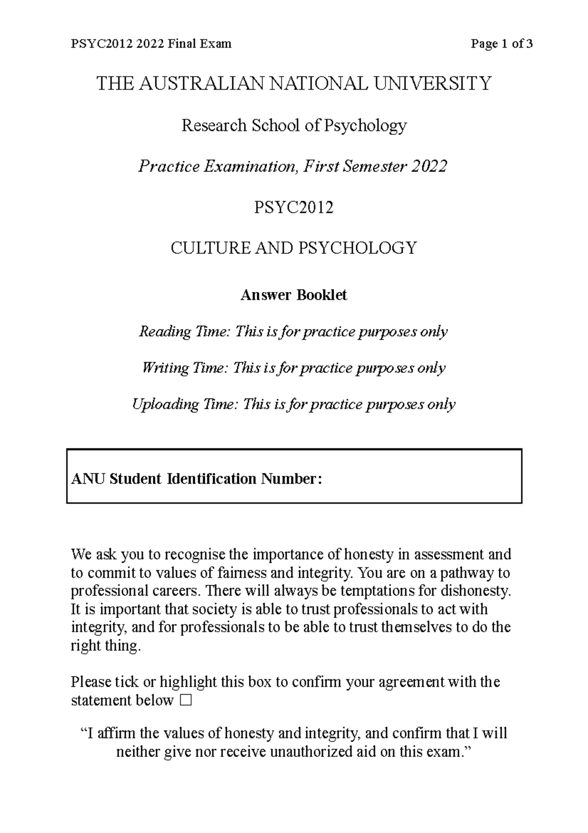 PSYC2012 practice exam booklet - PSYC2012 2022 Final Exam Page 1 of 3 ...
