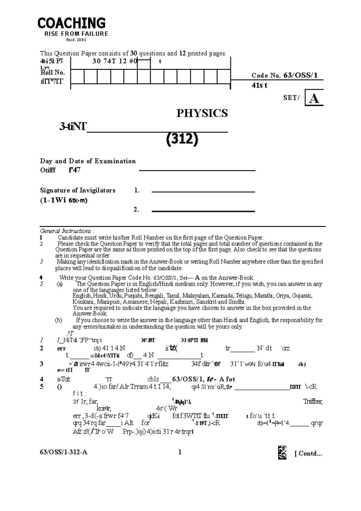 312-OSS Physics ABC - nios qp - COAC HING RISE FROM FAILURE Estd. This ...