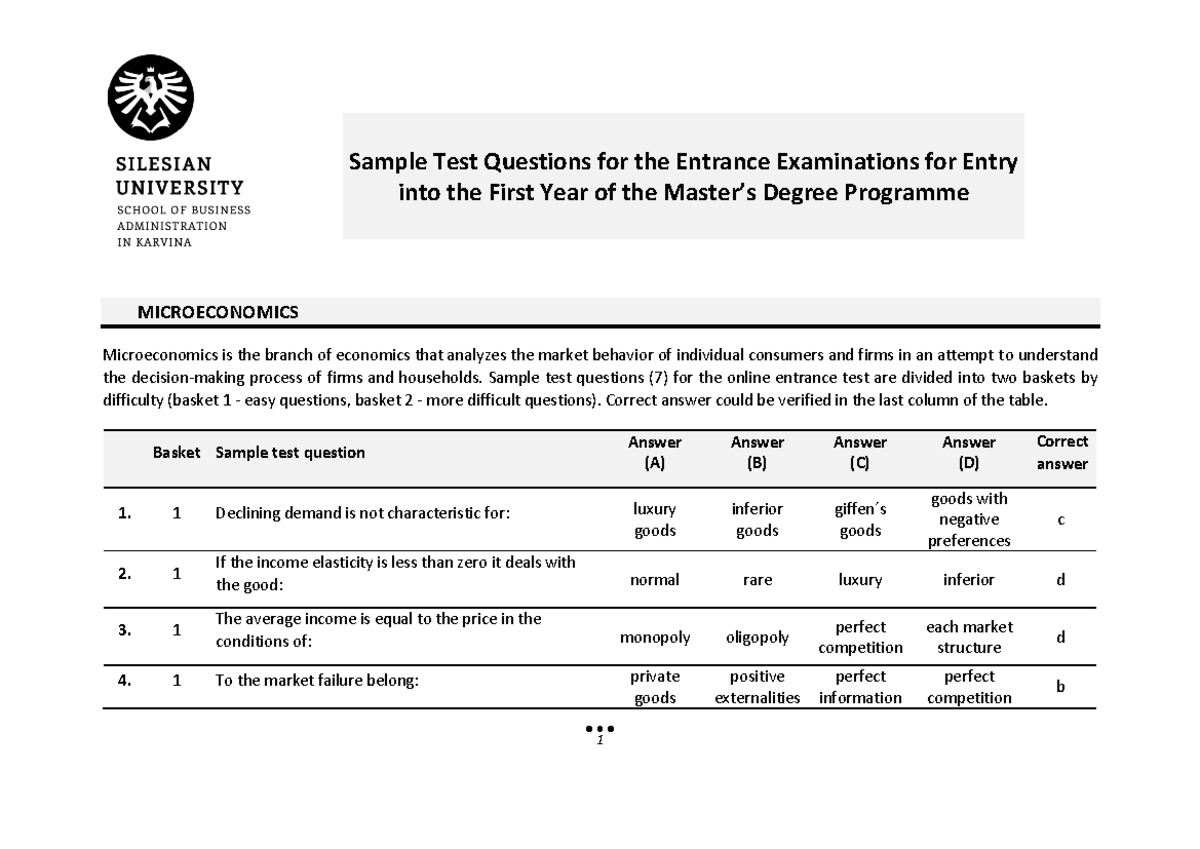Sample Test Questions for the Entrance Examinations - into the First ...