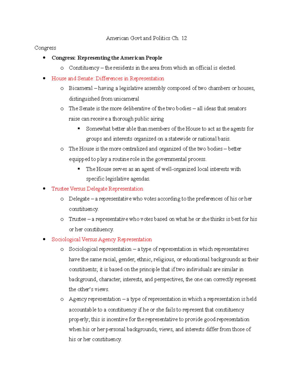 American Govt 4 Notes - American Govt and Politics Ch. 12 Congress ...