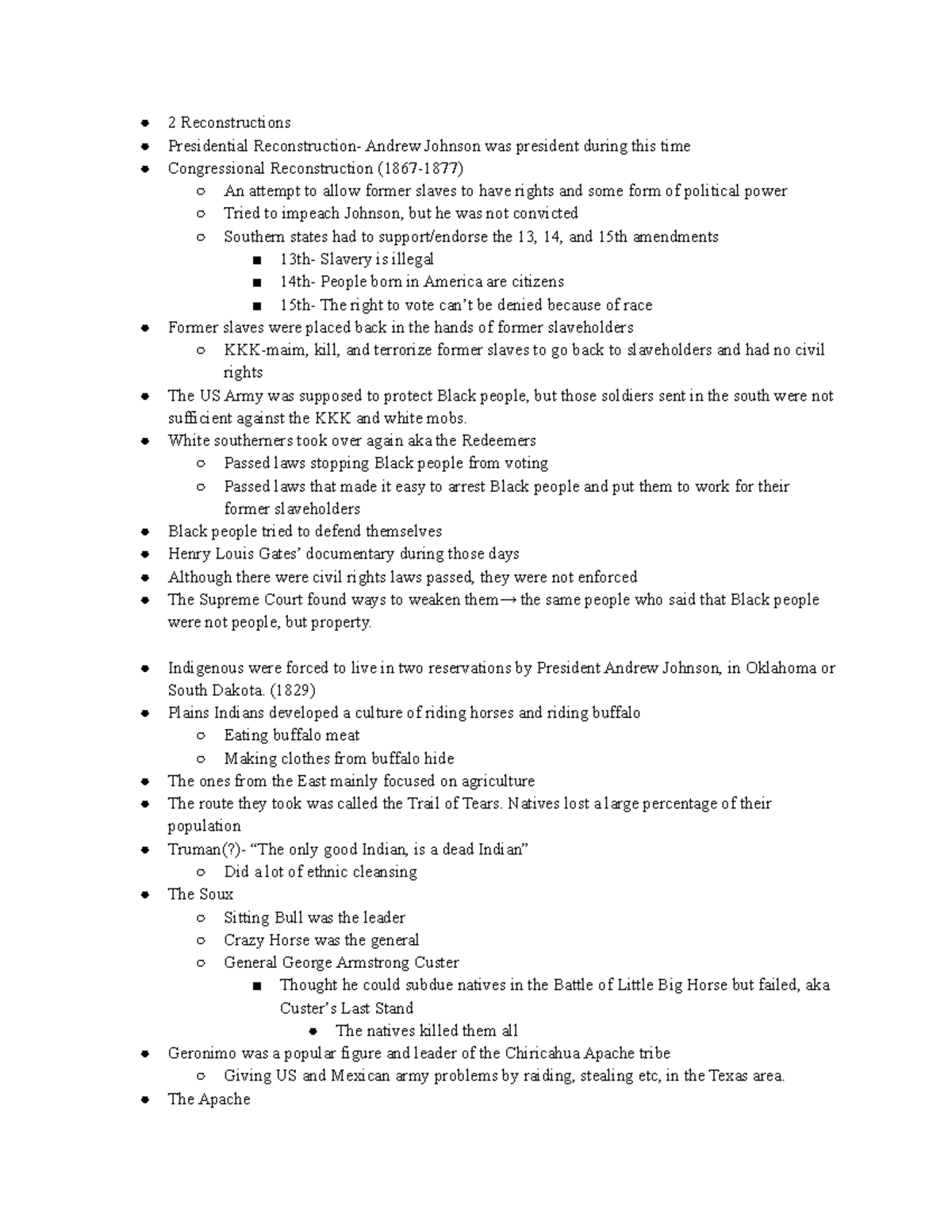 History Notes 9 15 - 2 Reconstructions Presidential Reconstruction ...