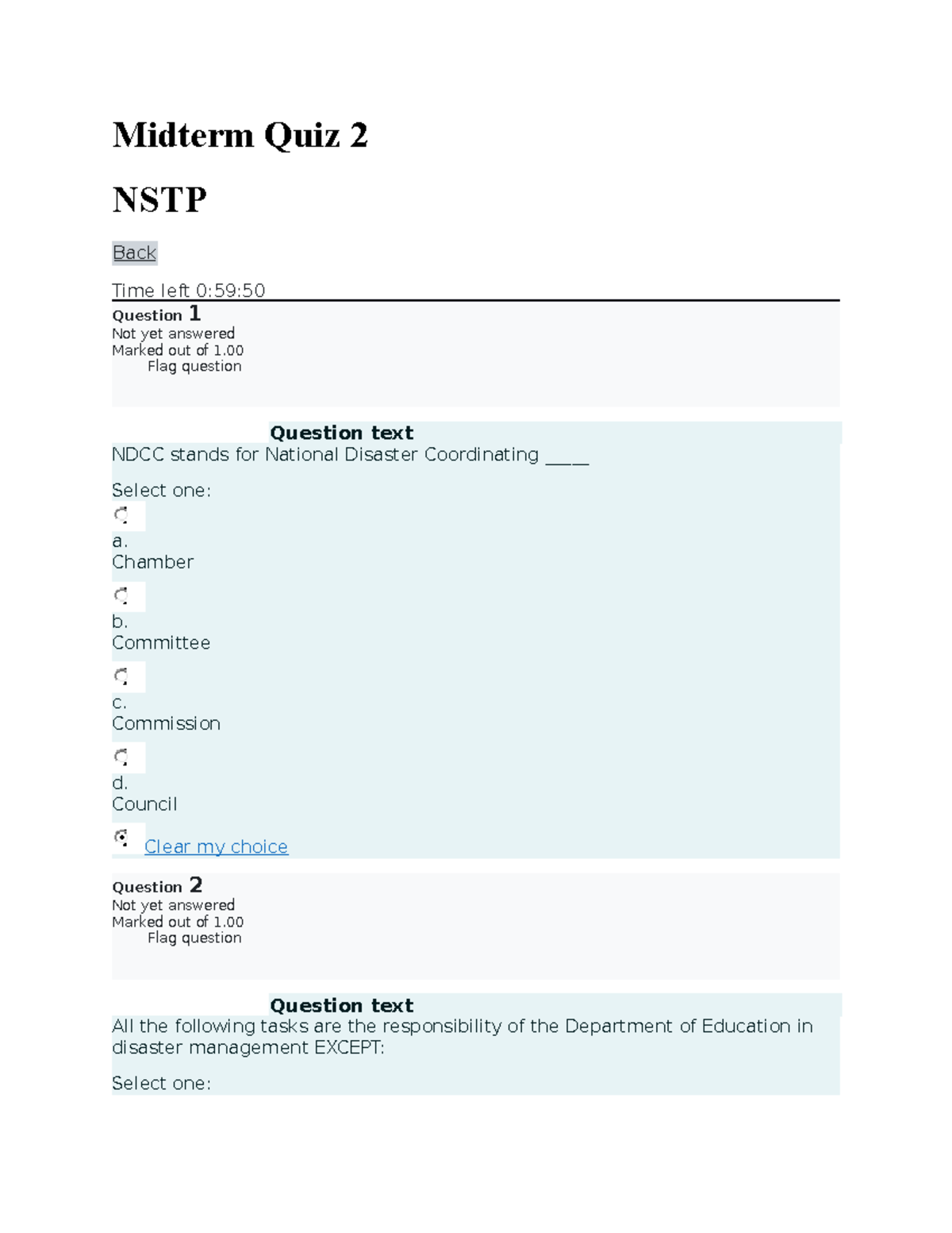 NSTP Midterm Quiz 2 WorkBook - Midterm Quiz 2 NSTP Back Time left 0:59: Question 1 Not yet ...