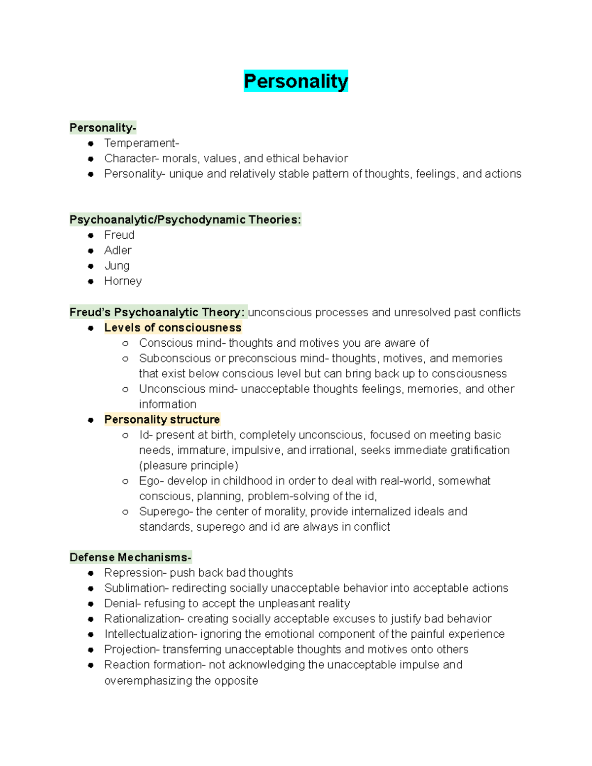 Psychology TEST #4 notes - Personality Personality- Temperament ...