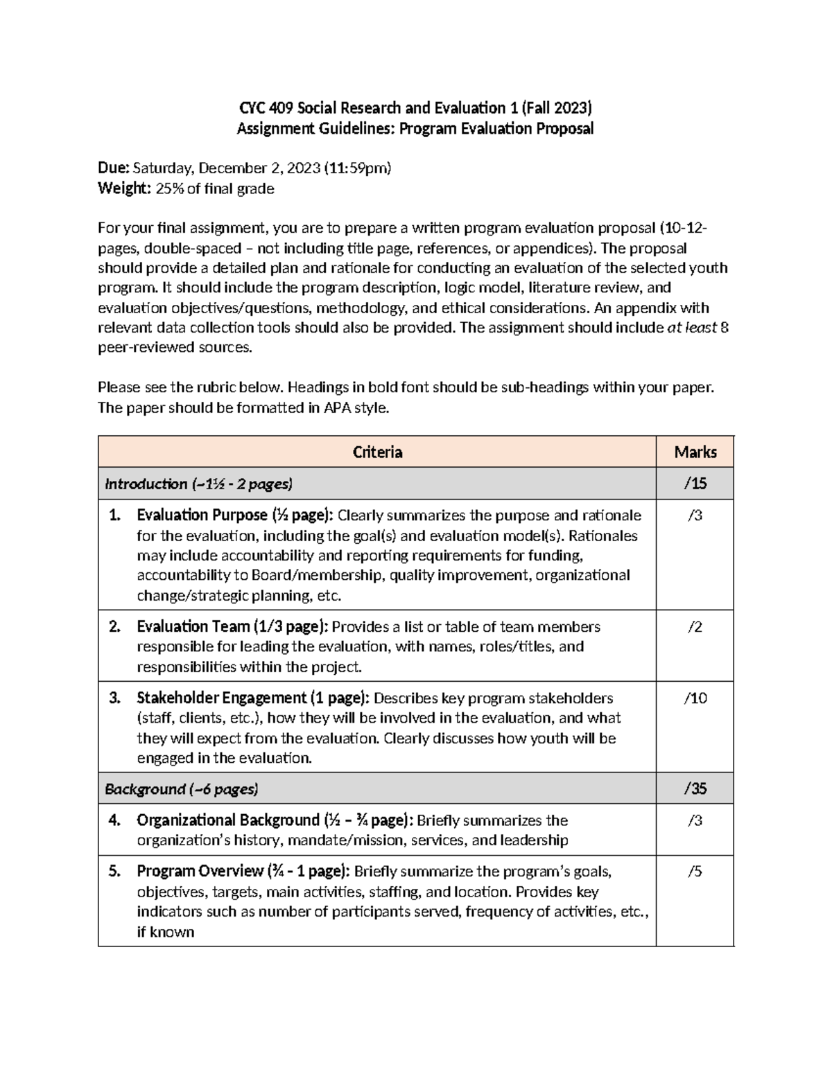 CYC409 F2023 Evaluation Proposal Guidelines - CYC 409 Social Research and Evaluation 1 (Fall ...
