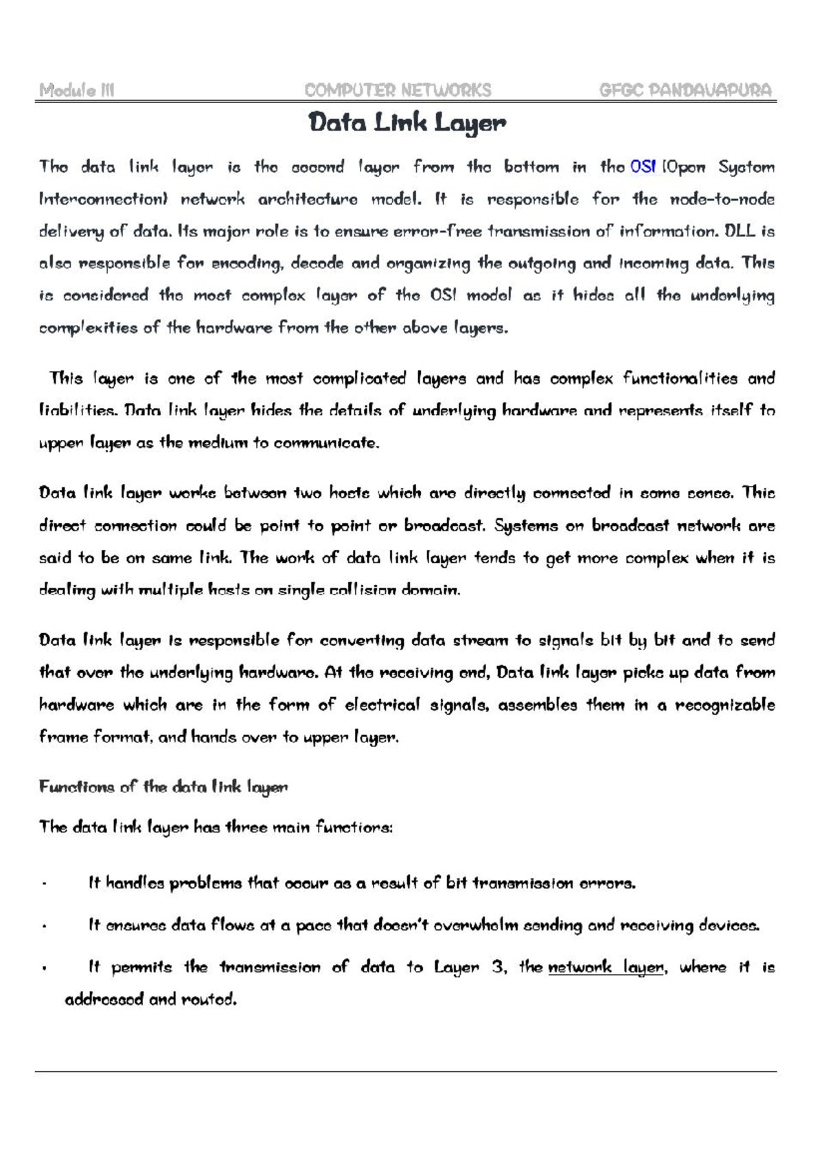 Cn Unit 3 Computer Network Module Computer Networks Gfgc Pandavapura Data Link Layer The
