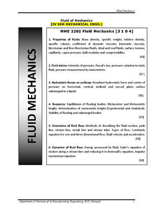Assignment 1 [practice practice] - Fluid Mechanics - Assignment 4 4 th Semester Mech. Engg., A ...