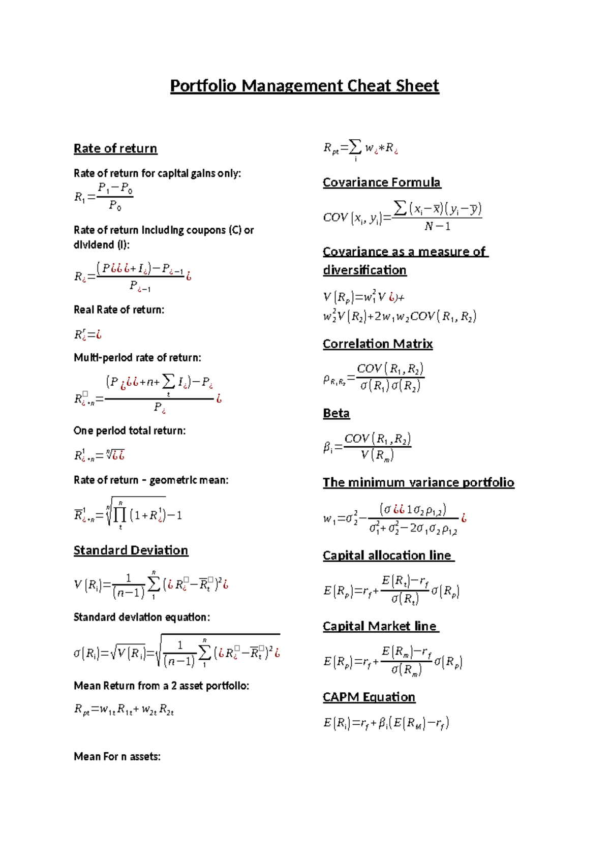 Portfolio Management Cheat Sheet - ..+ CFn ( 1 + R) m−L(n Sector weighting-stock selection ...