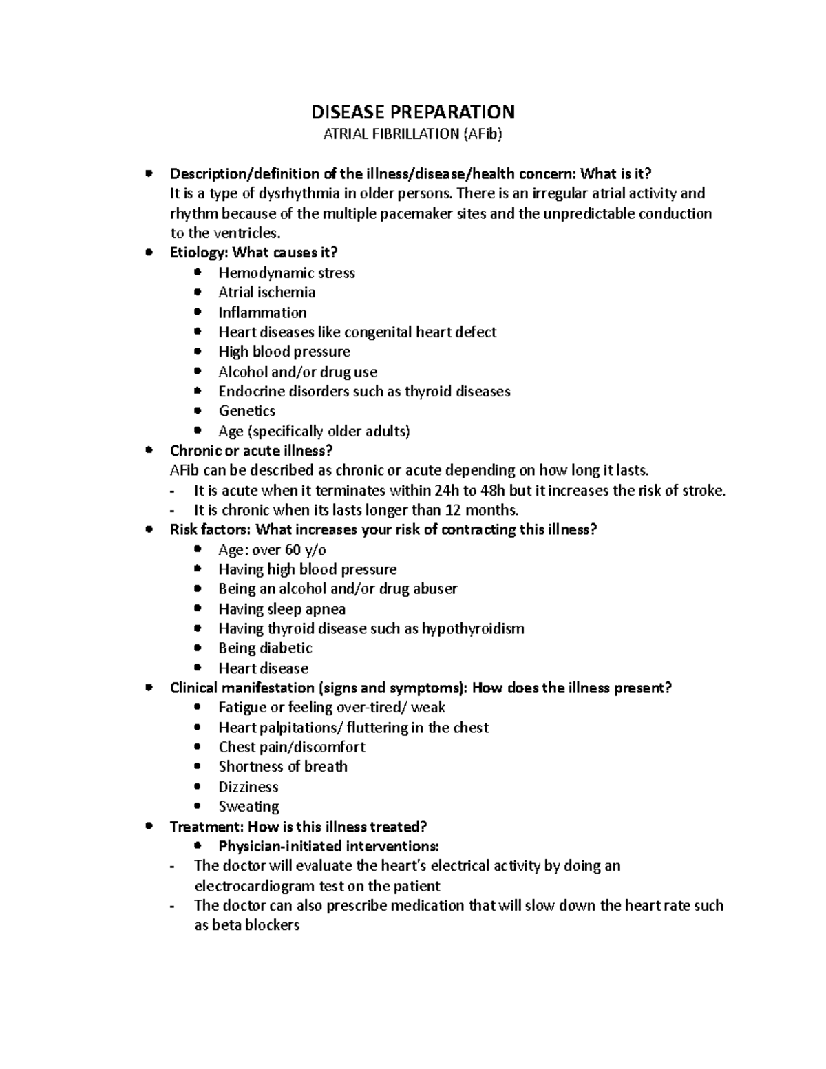 AFib Disease Preparation Sheet - DISEASE PREPARATION ATRIAL ...